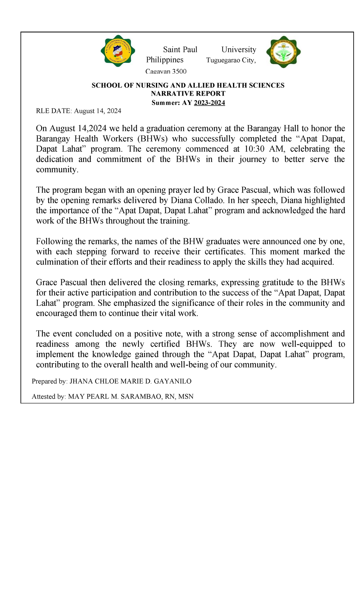 Narrative Report- Graduation copy - Saint Paul University Philippines ...