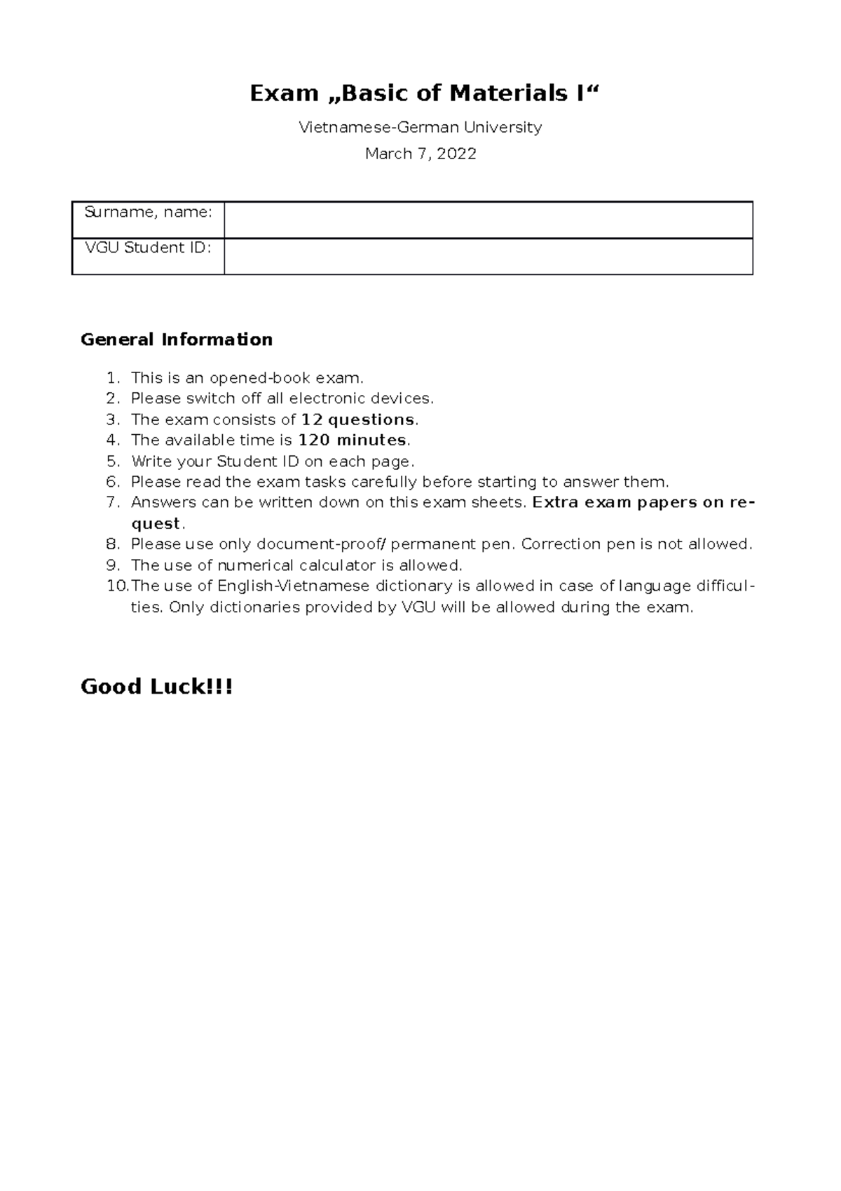 VGU Exam Basic of Materials 07 03 2022 - Exam „Basic of Materials I ...
