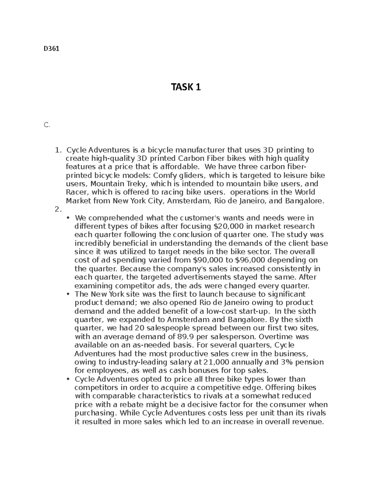 D361 task 1 - task 1 passed first attempt - D TASK 1 C. Cycle ...