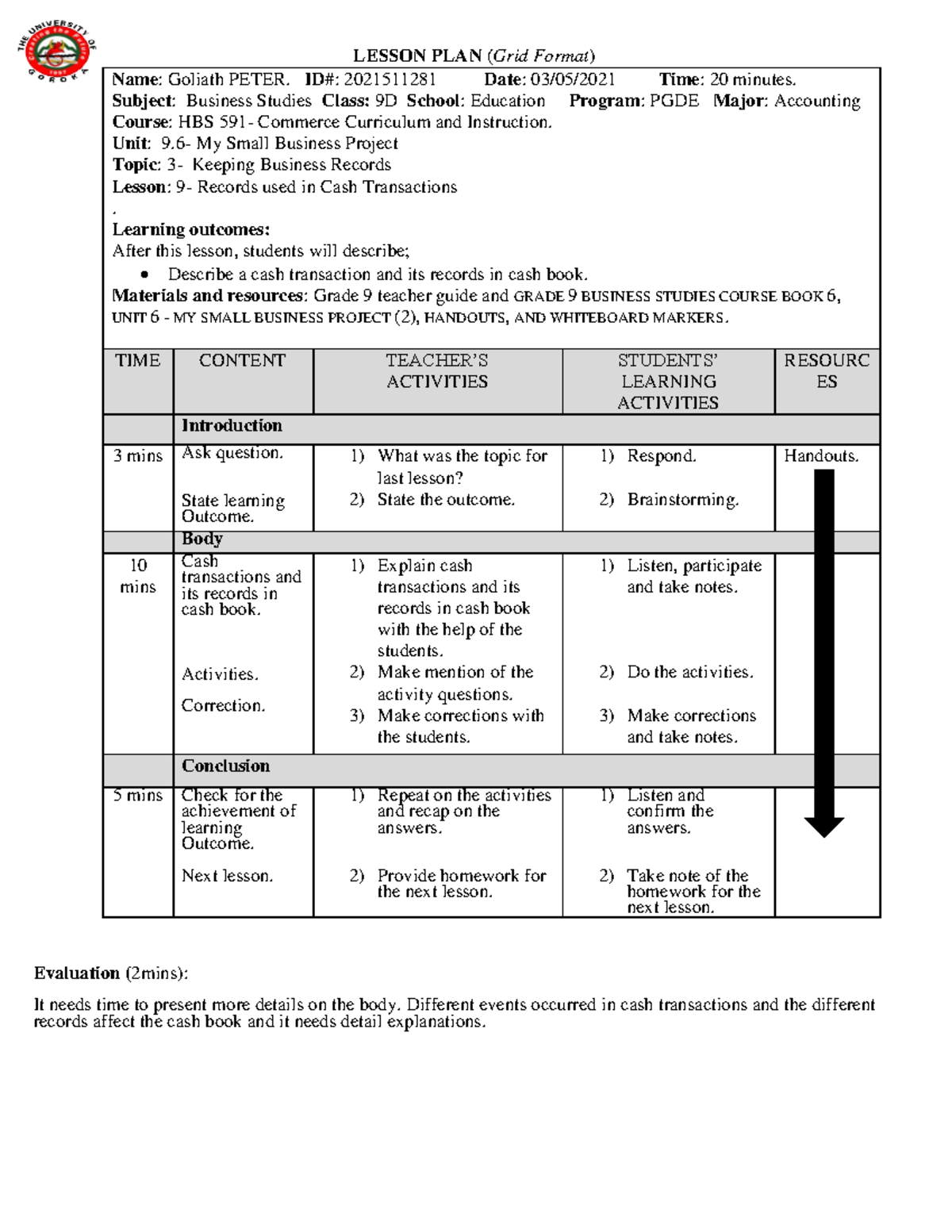 Lesson 9 plan - LESSON PLAN ( Grid Format ) Name : Goliath PETER. ID ...
