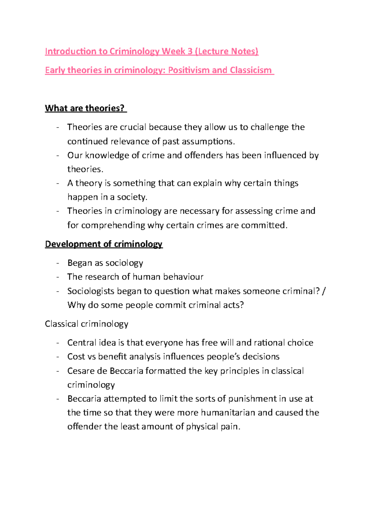 Introduction to Criminology -Week 3 Lecture Notes - Our knowledge of ...