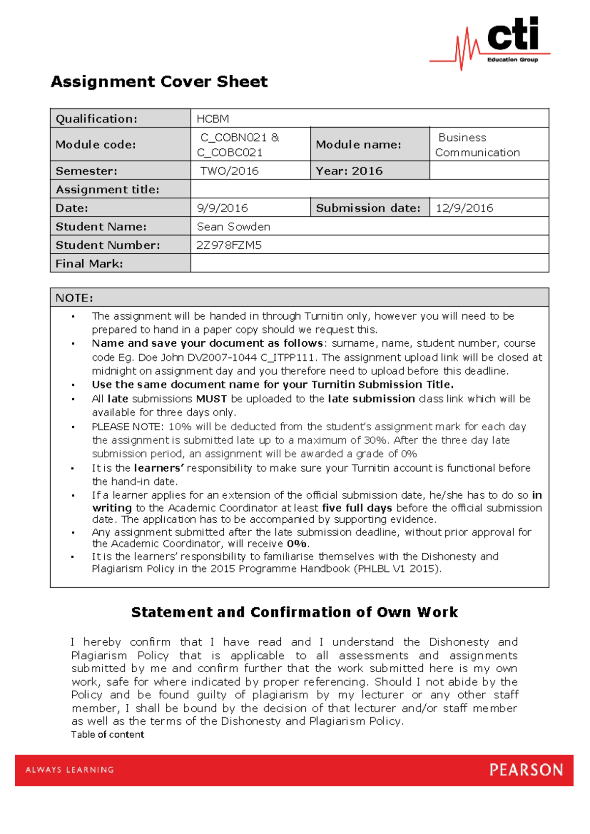 Business communication - Assignment Cover Sheet Qualification: HCBM ...