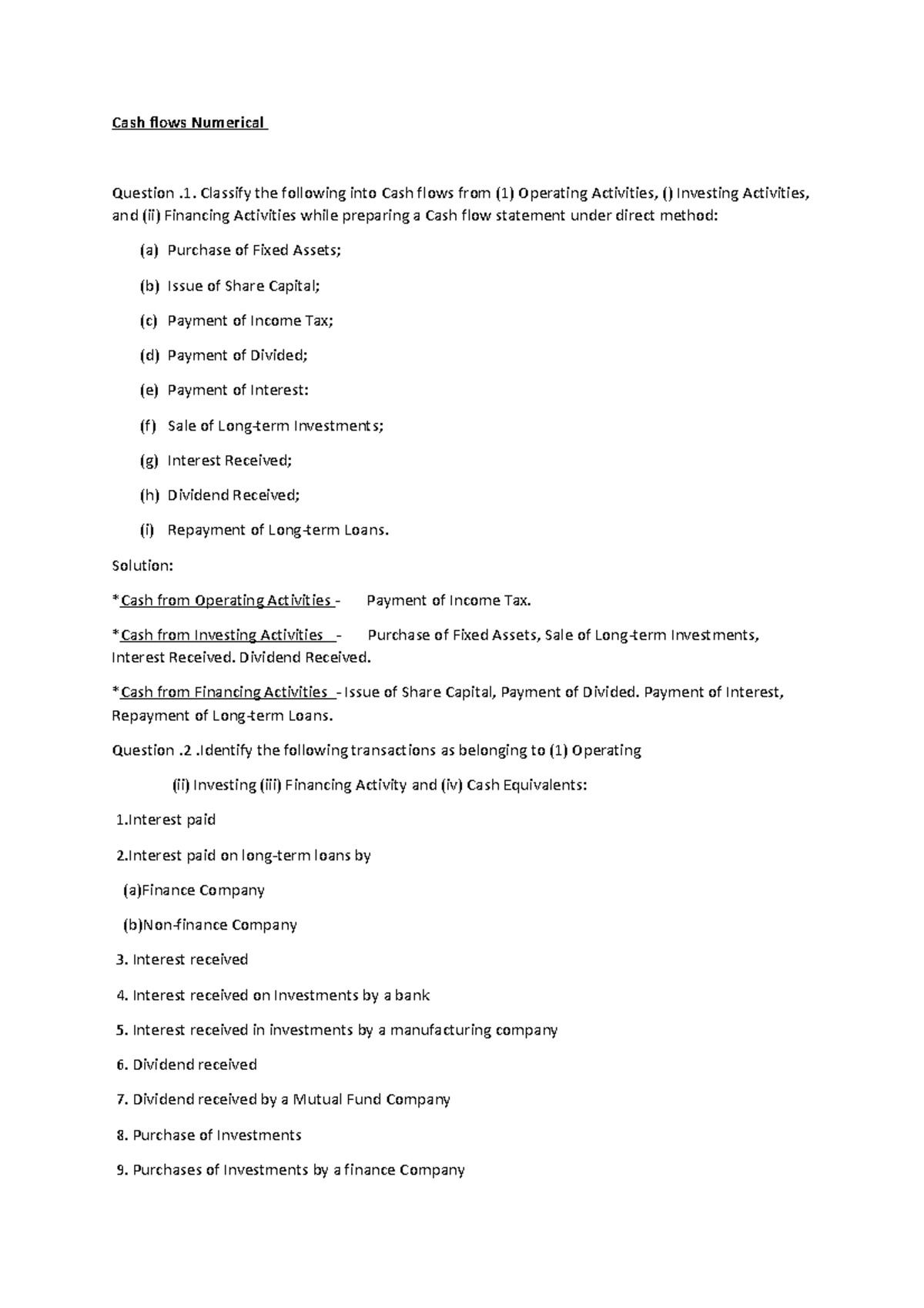 Cash flows Numerical - open it - Cash flows Numerical Question .1 ...