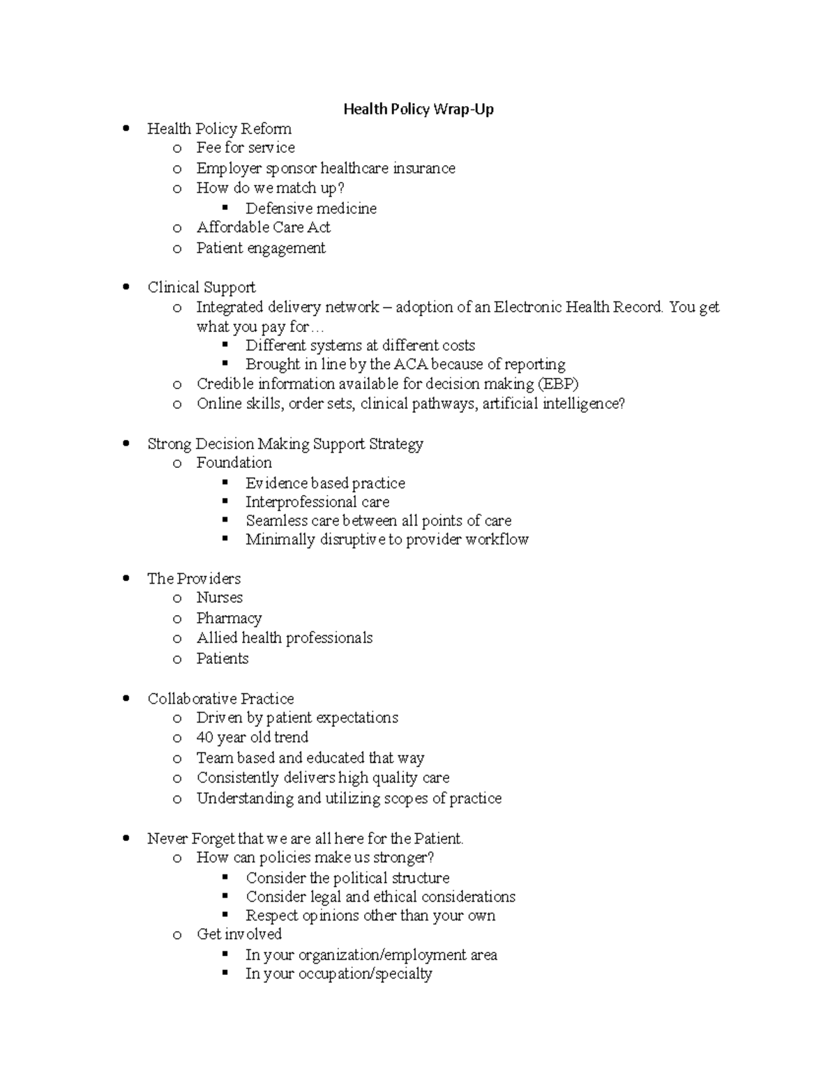 Wrap up - summary - Health Policy Wrap-Up Health Policy Reform o Fee ...