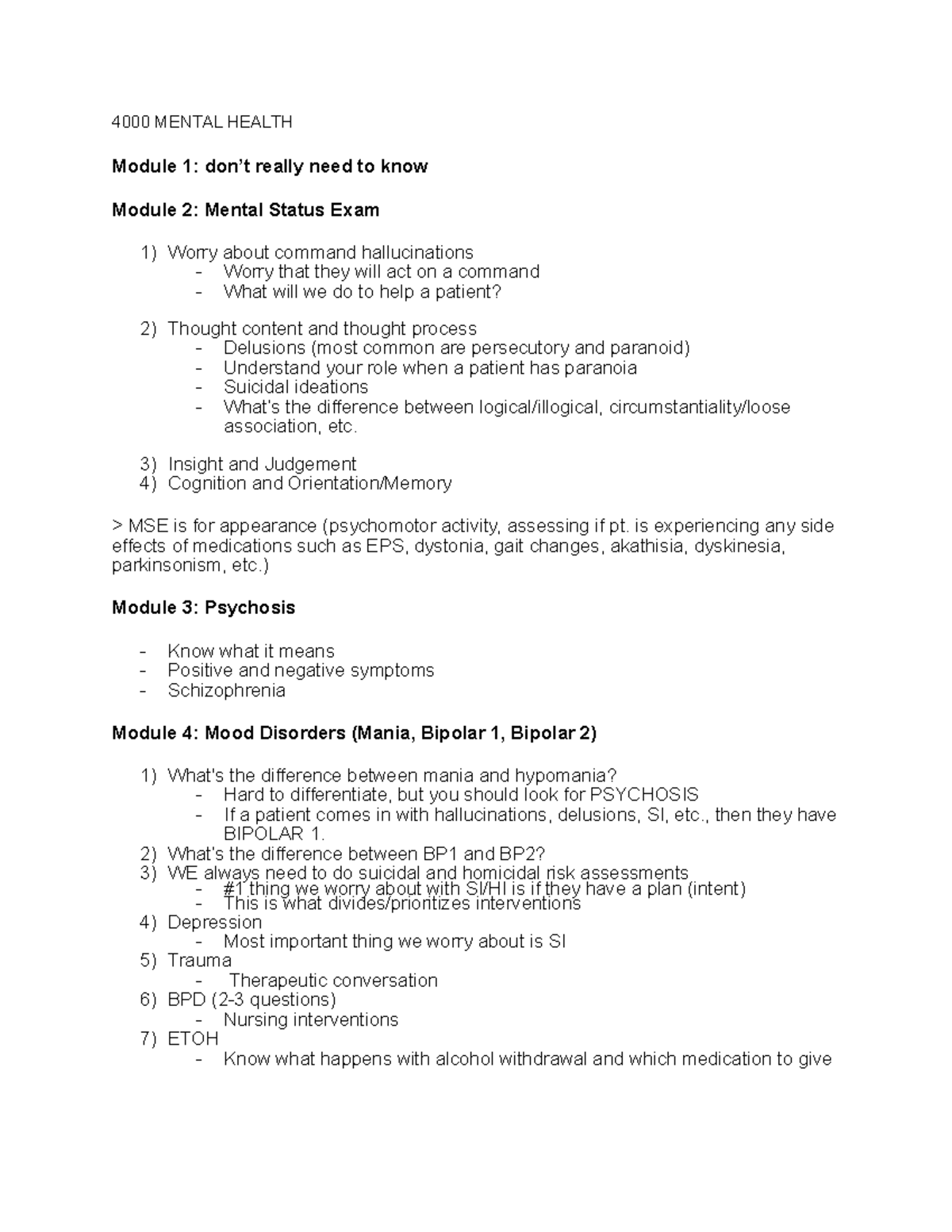 4000 Mental Health Final review - 4000 MENTAL HEALTH Module 1: don’t ...