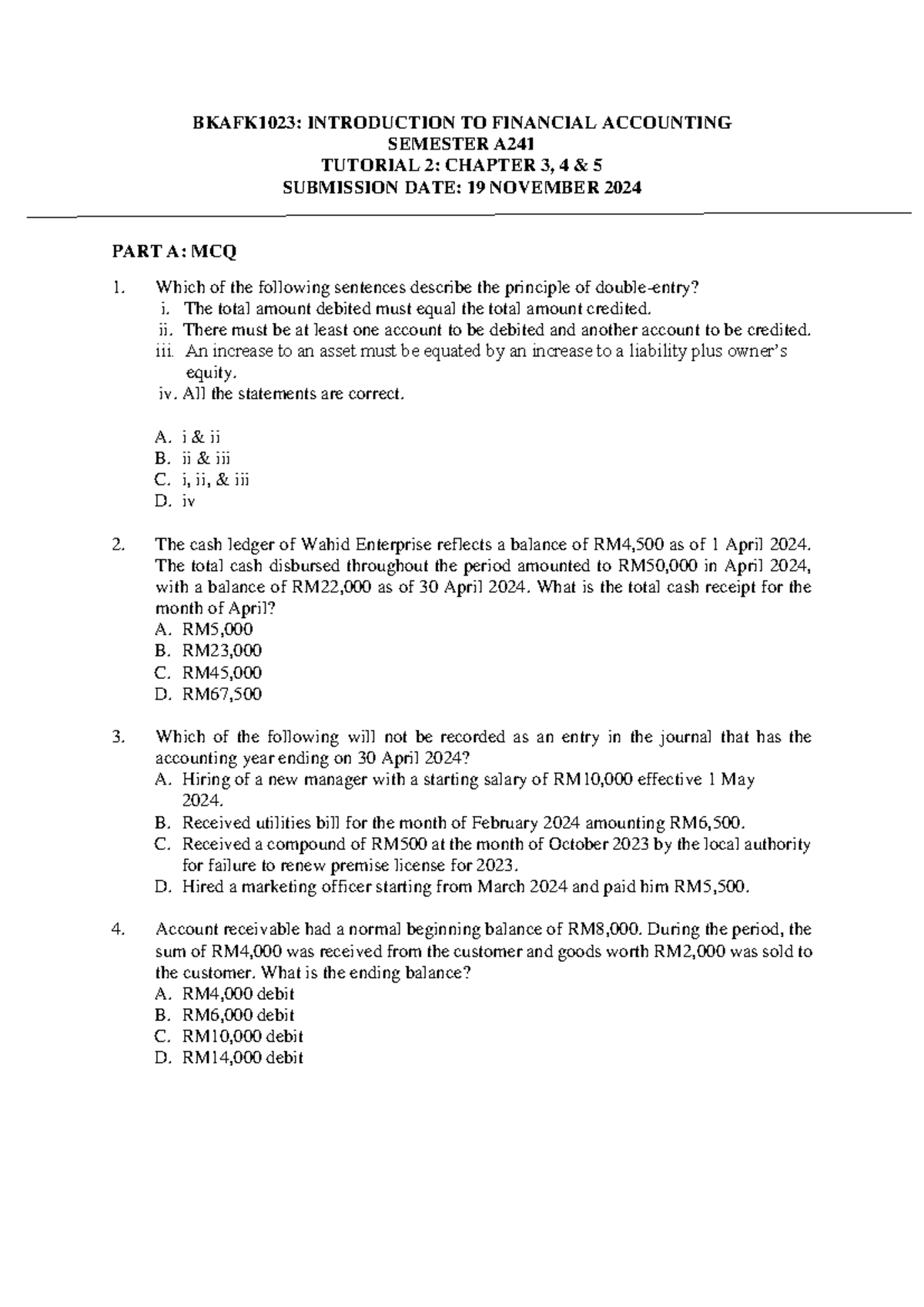 Tutorial 2 A241 Bkafk 1023 - BKAFK1023: INTRODUCTION TO FINANCIAL ...