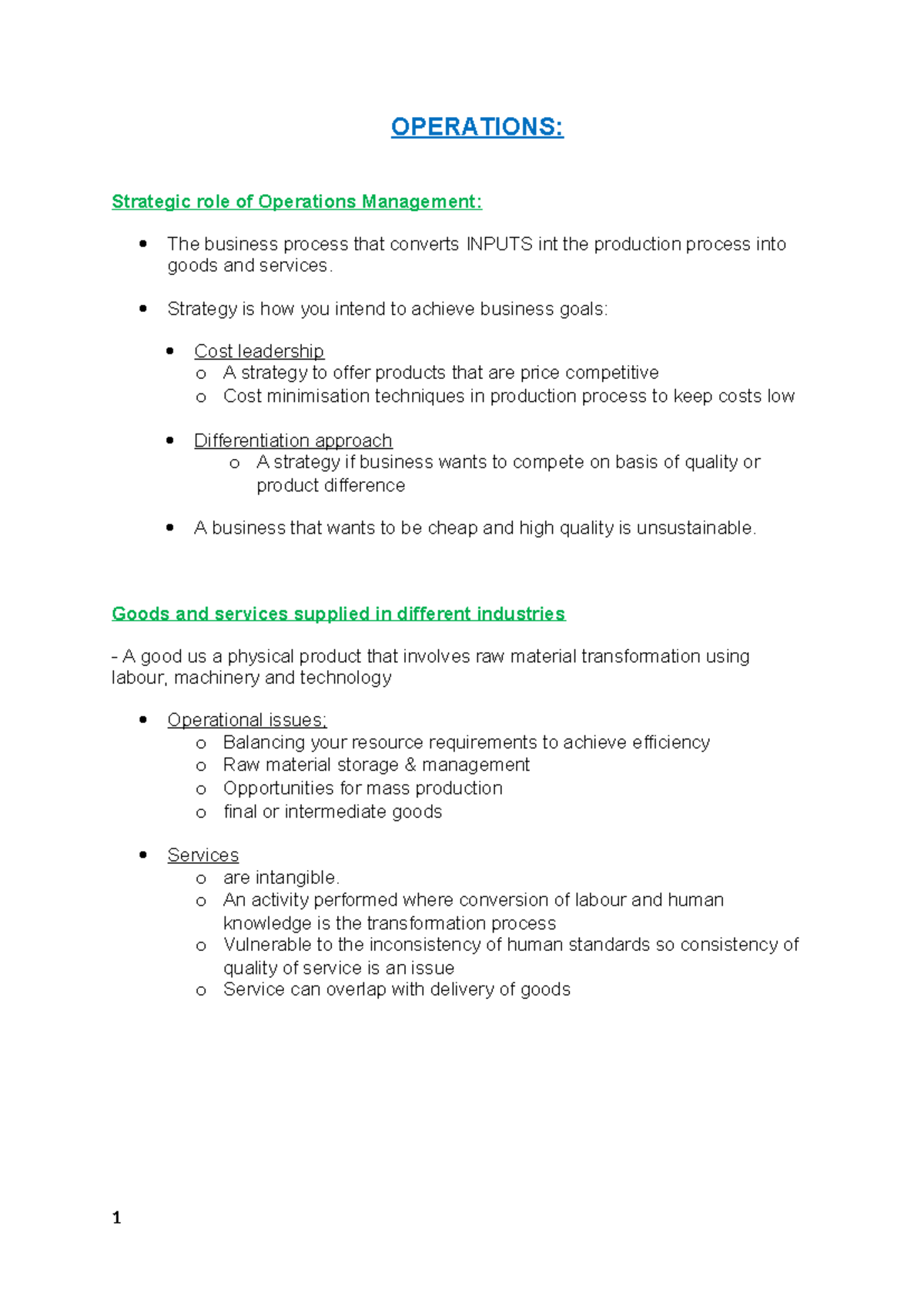 Operations - notes - OPERATIONS: Strategic role of Operations ...