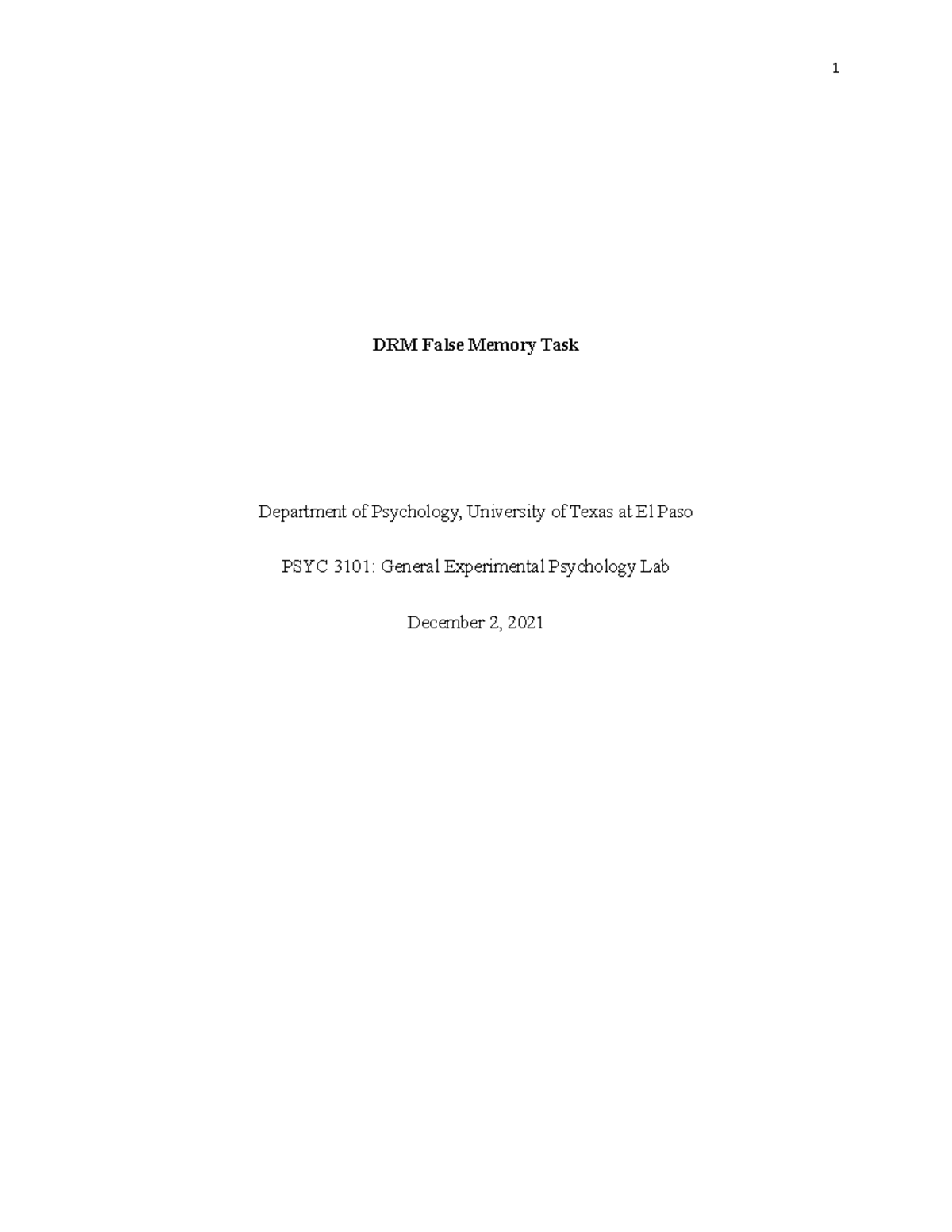 Final Paper - essay - DRM False Memory Task Department of Psychology ...
