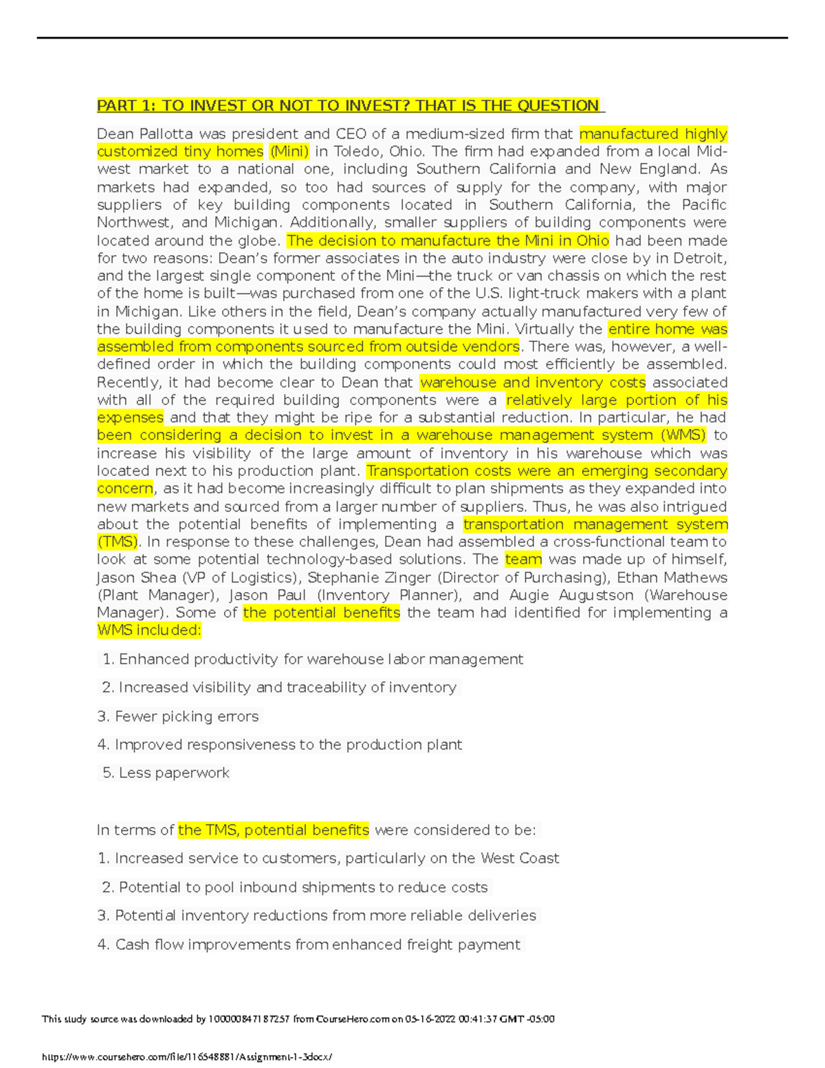 Assignment 1 3 - sds - PART 1: TO INVEST OR NOT TO INVEST? THAT IS THE QUESTION Dean Pallotta ...