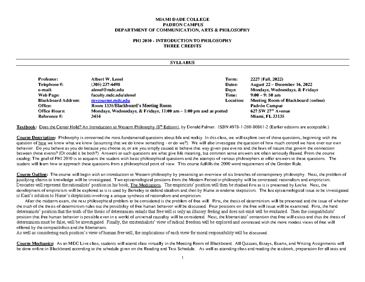 Syllabus - Professor name: Albert Lenel - MIAMI DADE COLLEGE PADRON ...