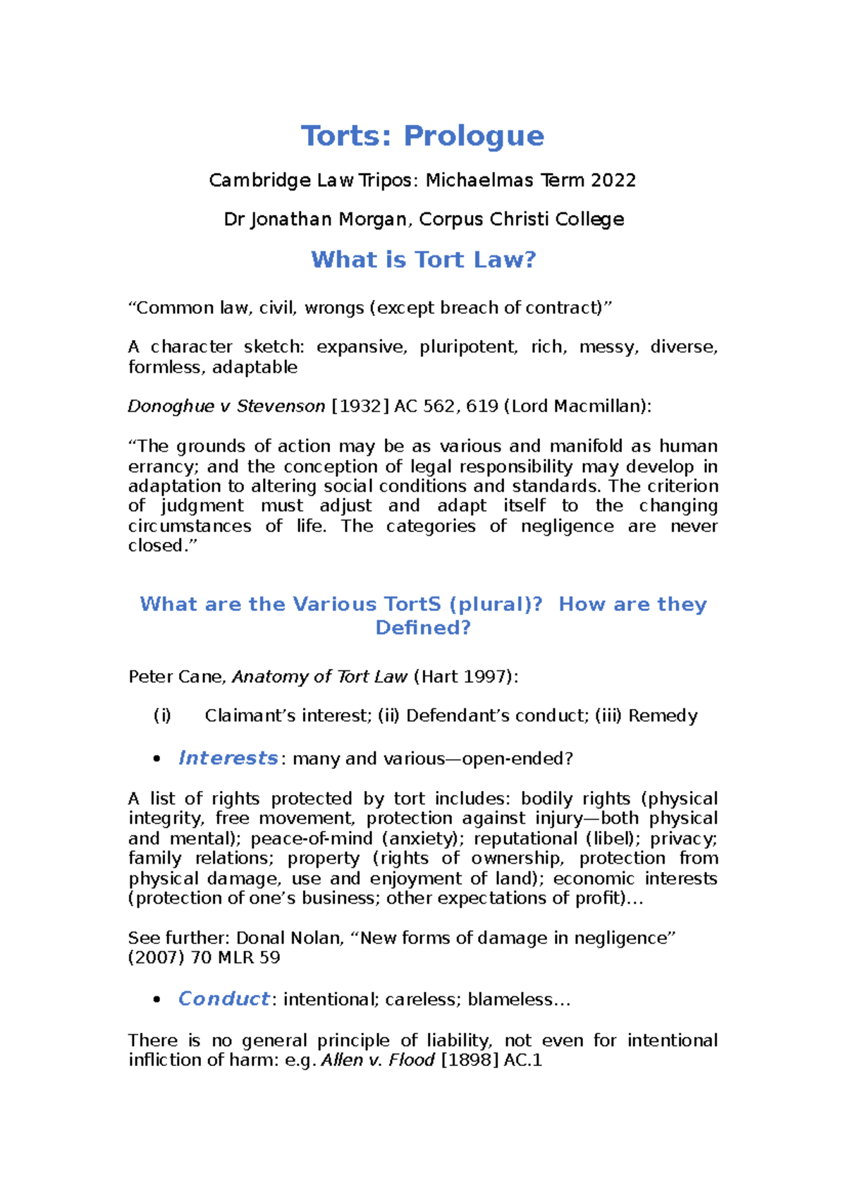Tort Introduction handout 2022 - Torts: Prologue Cambridge Law Tripos: Michaelmas Term 2022 Dr ...