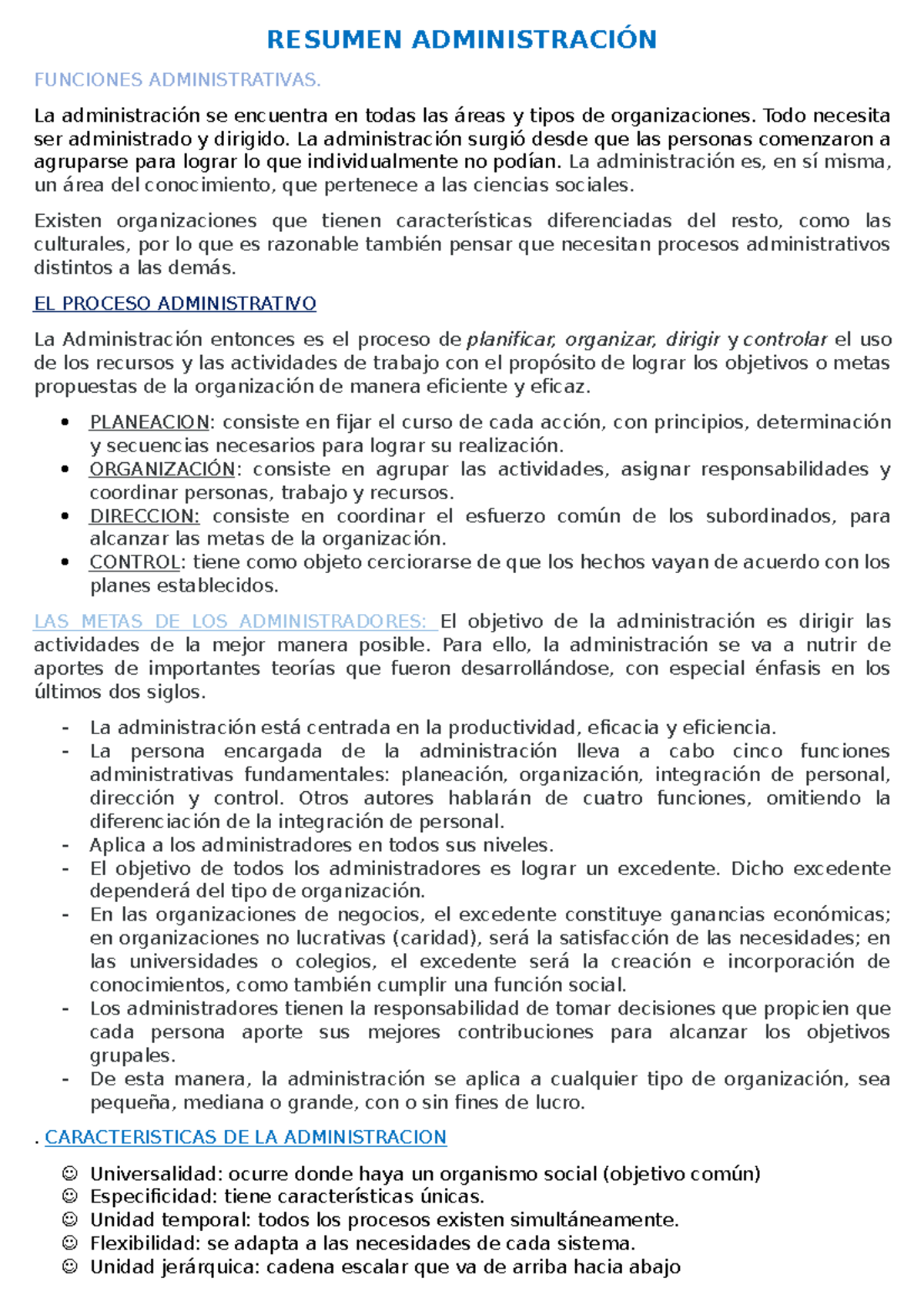 Resumen M1-M2 Administracion - RESUMEN ADMINISTRACIÓN FUNCIONES ...