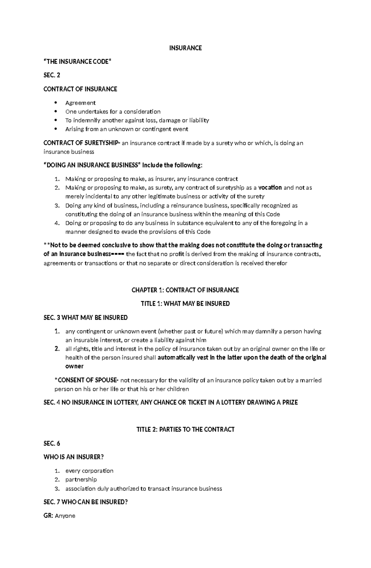 Insurance- Working Notes - INSURANCE “THE INSURANCE CODE” SEC. 2 ...