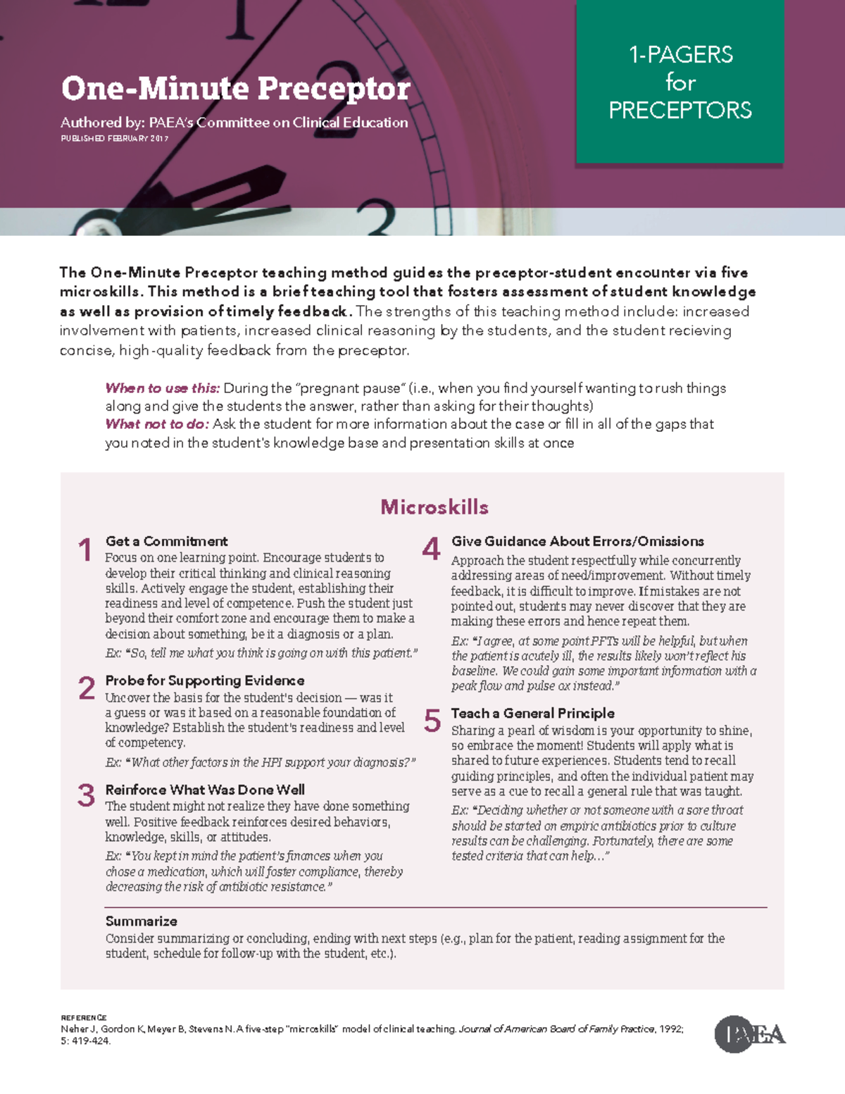 One Minute Preceptor - One-Minute Preceptor Authored by: PAEA’s ...