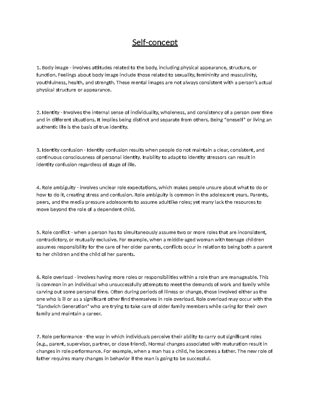 Self - Definitions - Self-concept 1. Body image - involves attitudes ...