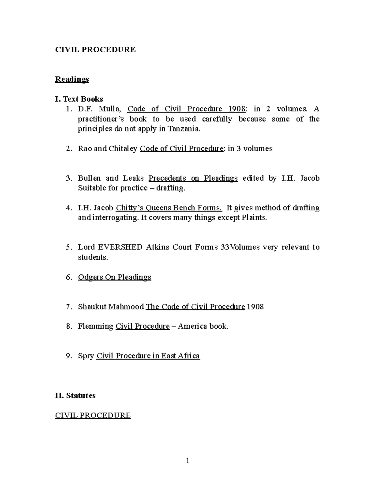Civil Procedure - UDSM Manual 2002 2 - CIVIL PROCEDURE Readings I. Text ...