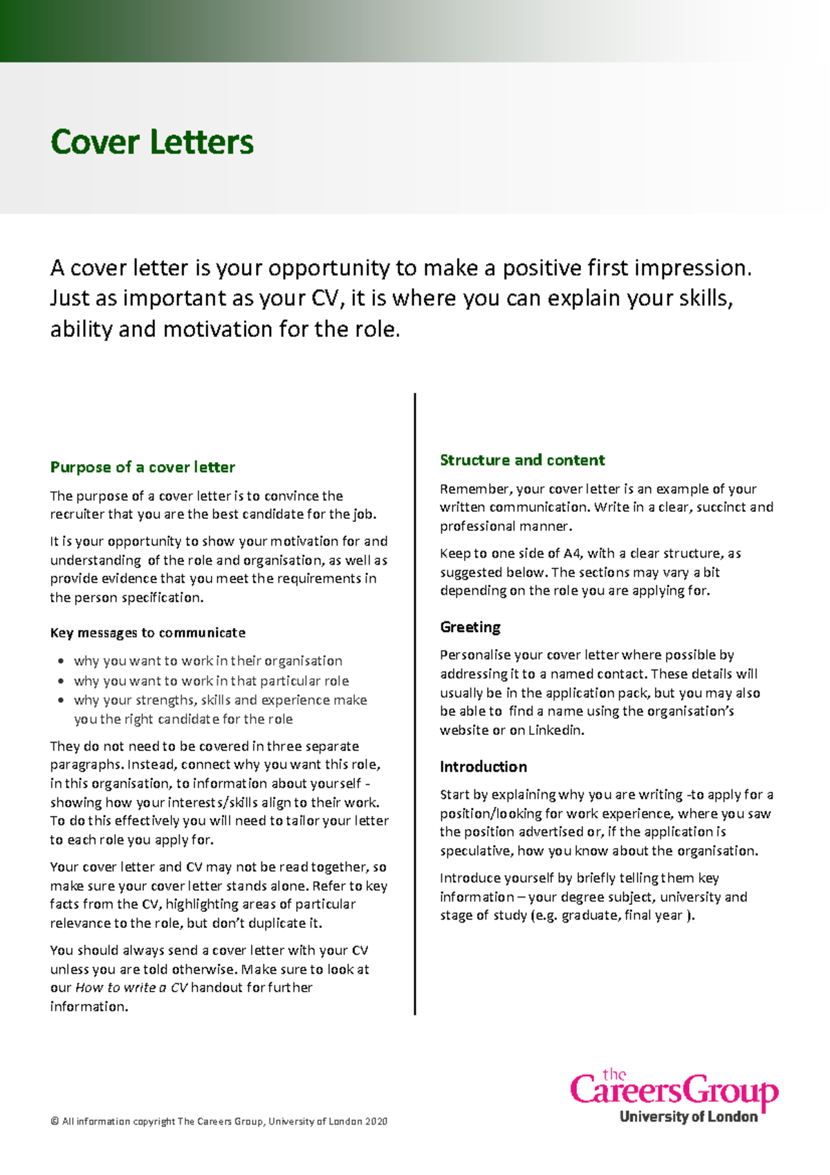 UCL Cover Letter - © All information copyright The Careers Group ...