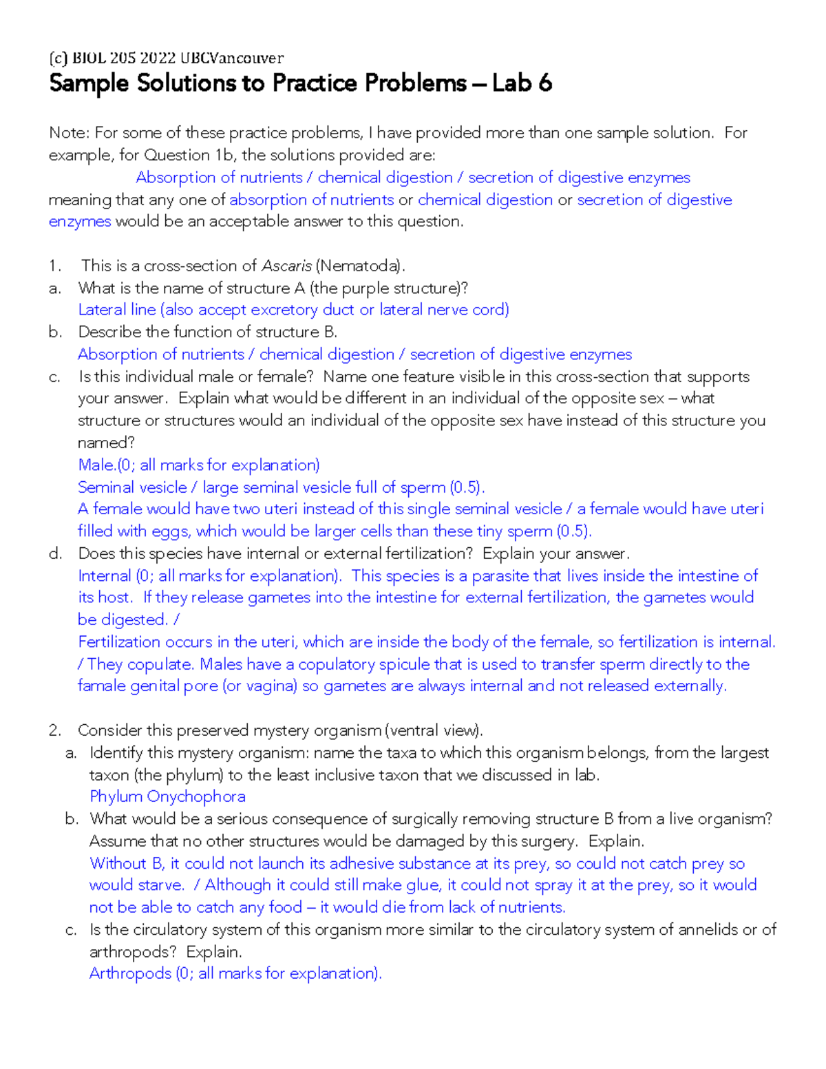 Lab 6 Practice Problems Sample Solutions 2022 - (c) BIOL 205 2022 ...