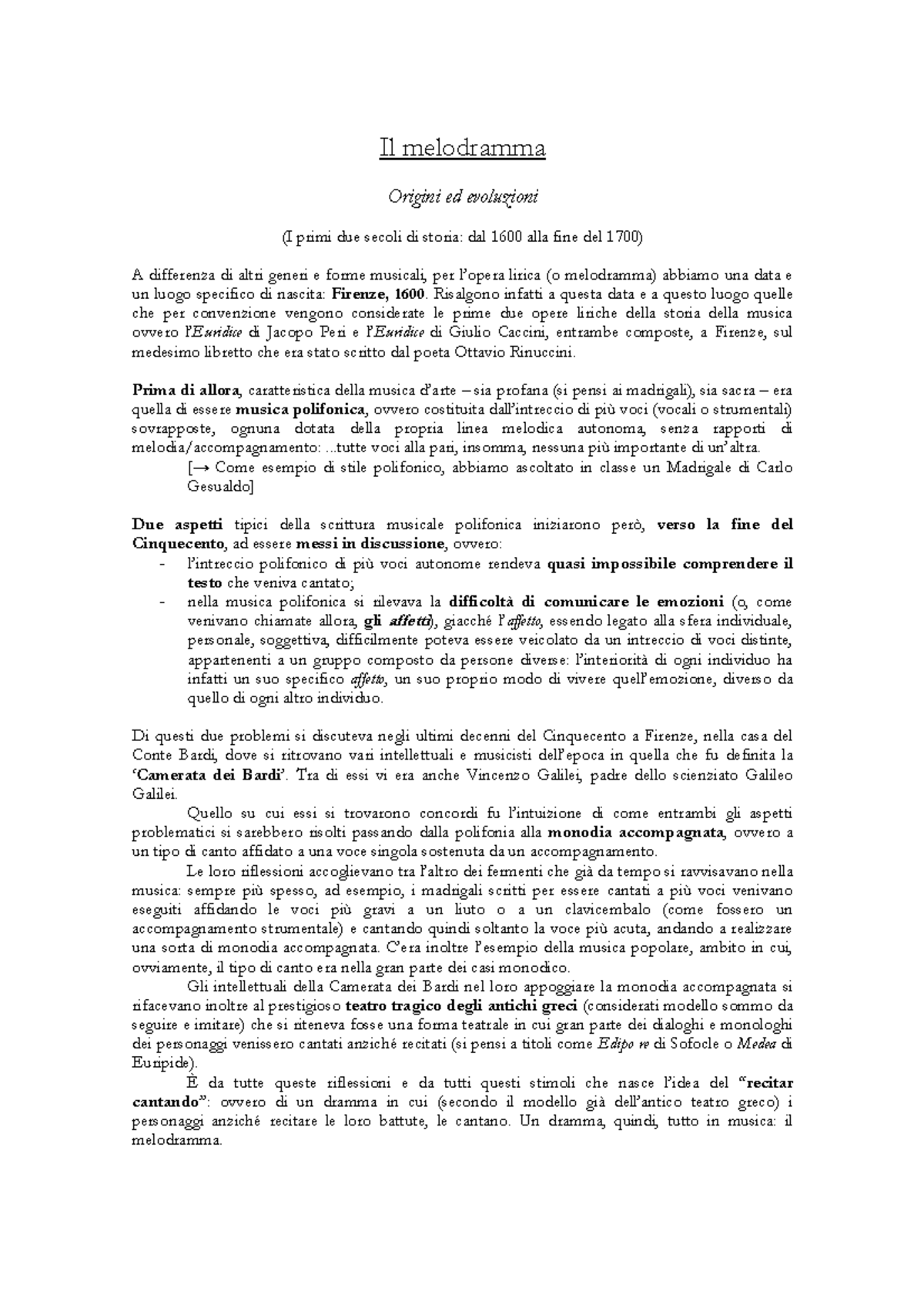 Appunti sulla nascita e levoluzione del melodramma - Il melodramma Origini ed evoluzioni (I ...