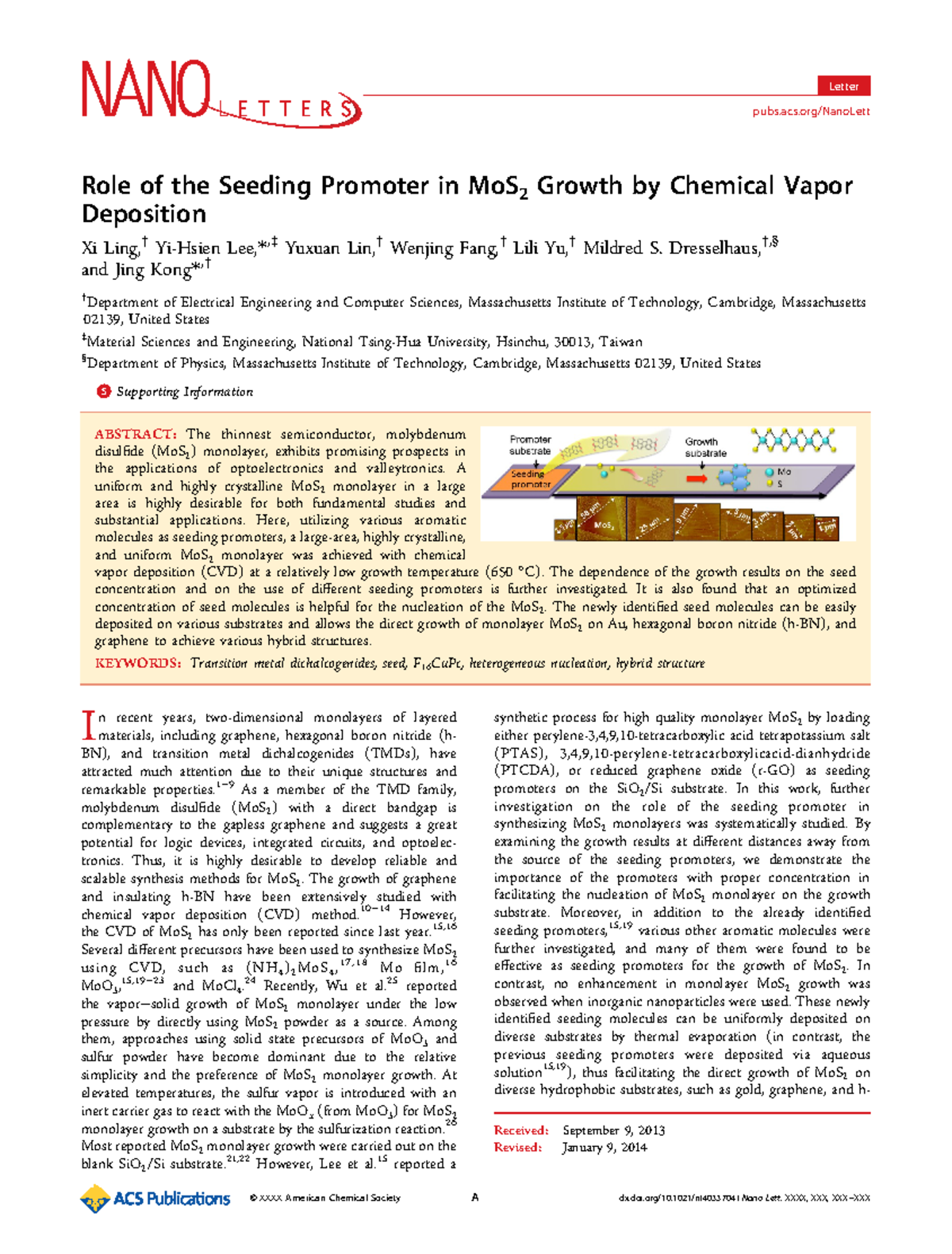 2014- Nano Letters (IF-11) Role of the Seeding Promoter in Mo S2 Growth ...