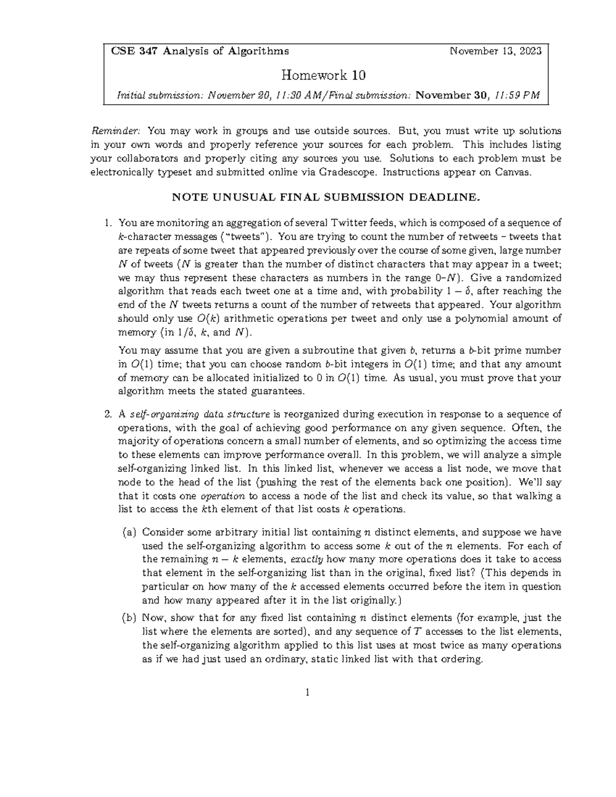 Hw 10 Homework Cse 347 Analysis Of Algorithms November 13 2023 Homework 10 Initial