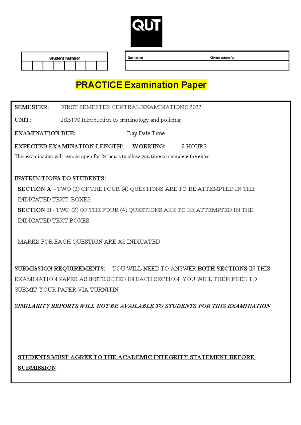 Jsb170 2022 practice exam - Student number PRACTICE Examination Paper ...