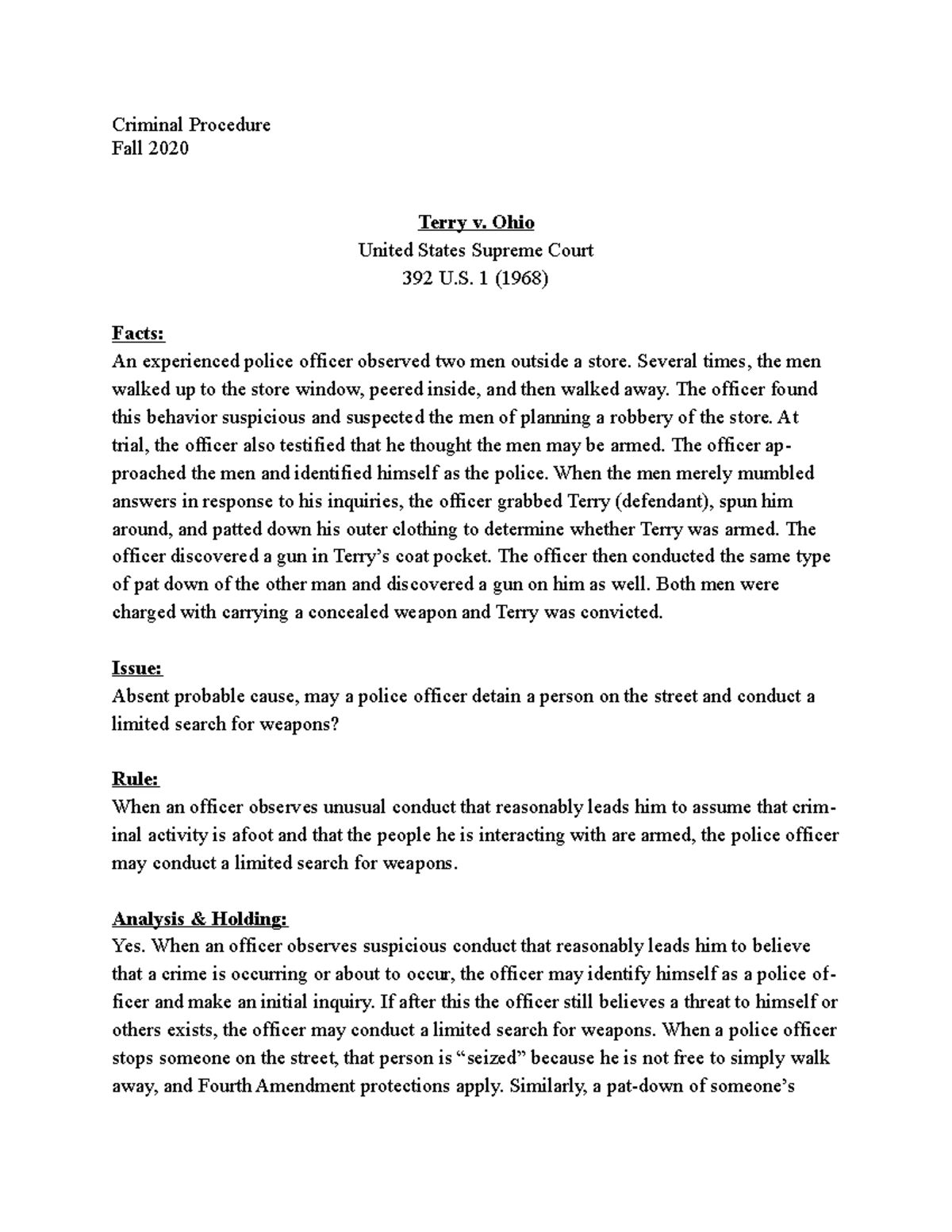 Crim Pro Case Brief and Lecture Terry v. Ohio (famous) - Criminal ...