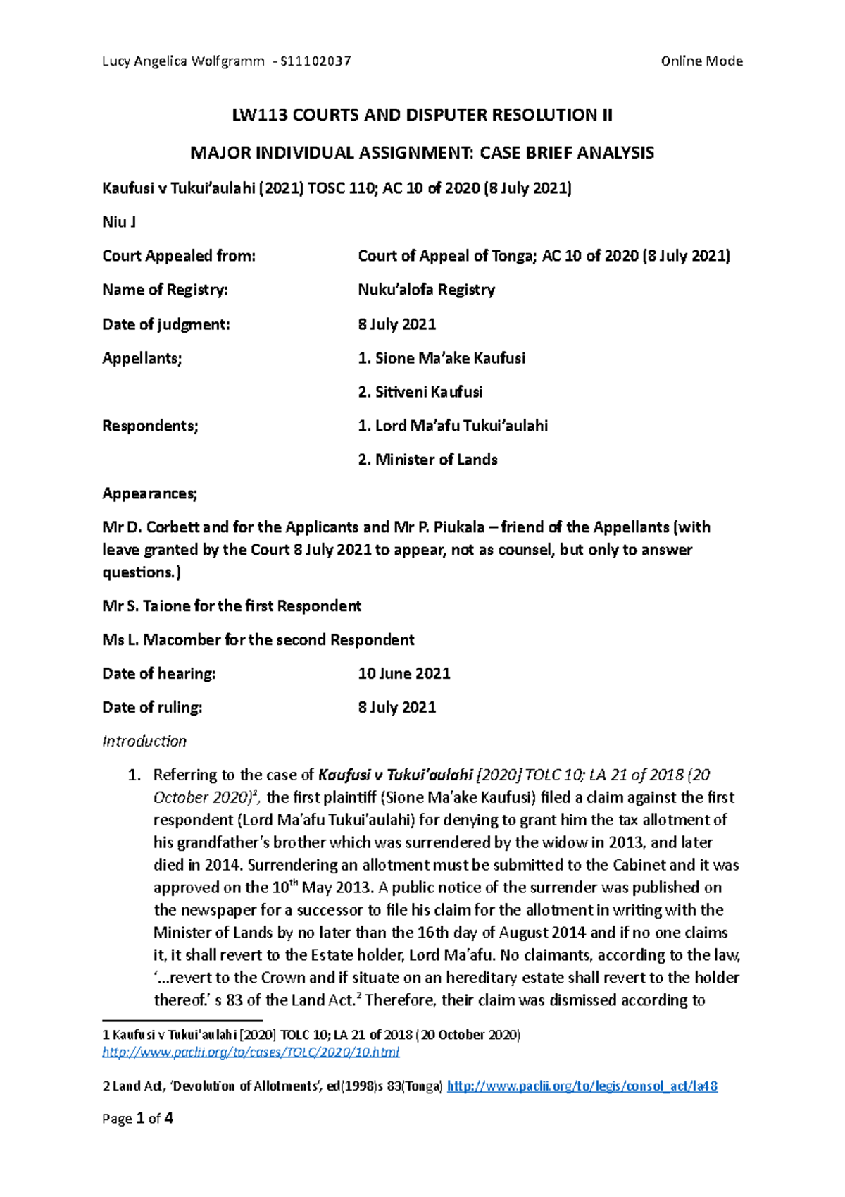 S11102037 L. Wolfgramm. Major Assignment - LW113 COURTS AND DISPUTER ...
