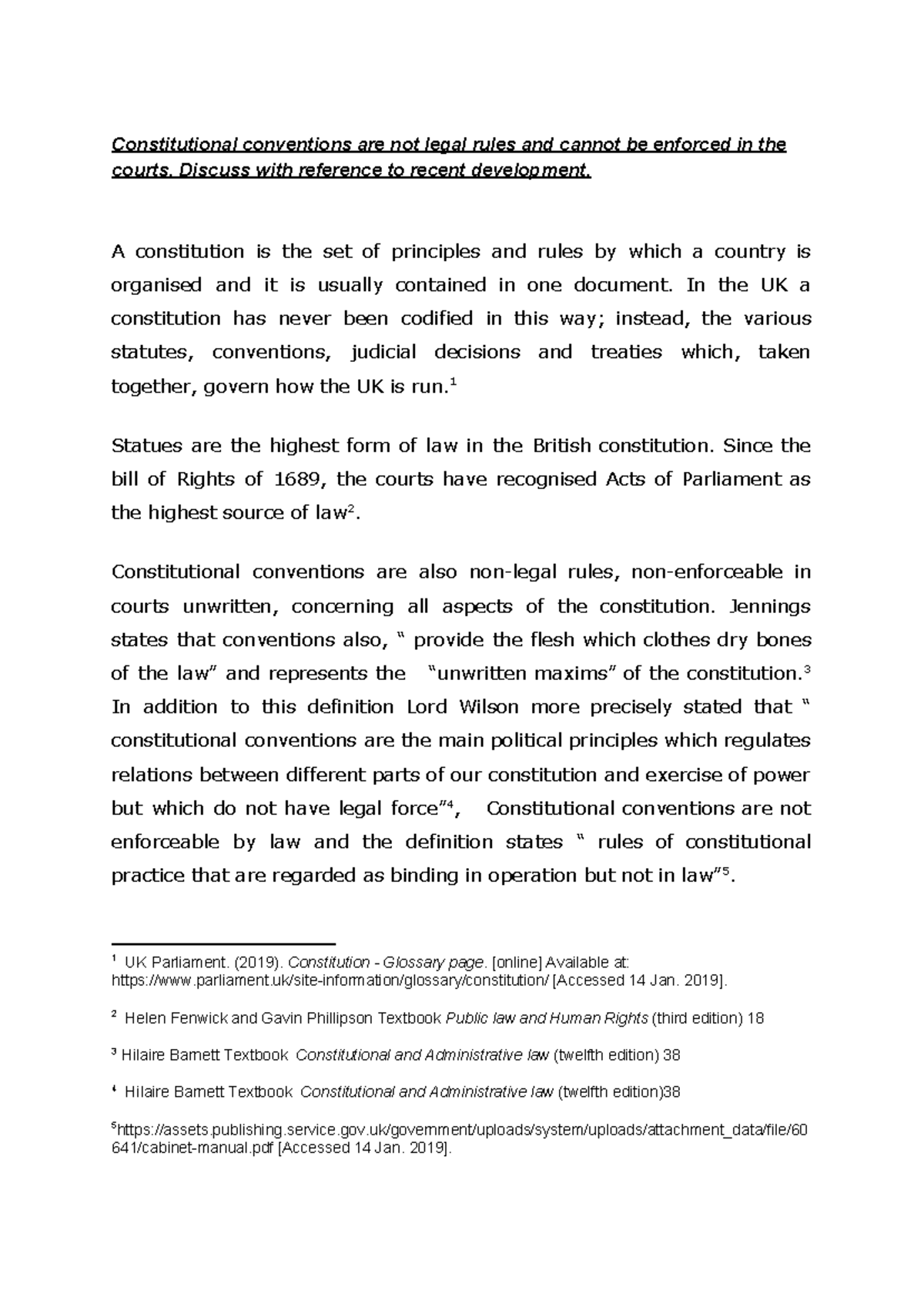 Constitutional conventions - Discuss with reference to recent ...