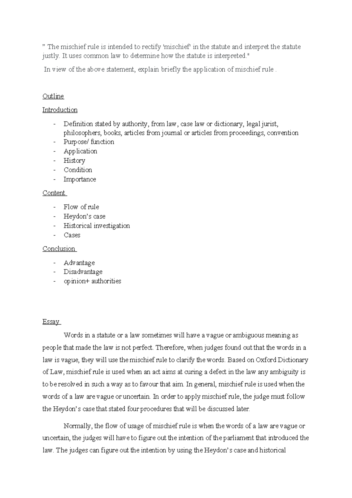 Mischief rule - this is a short note on stuff. - ” The mischief rule is ...