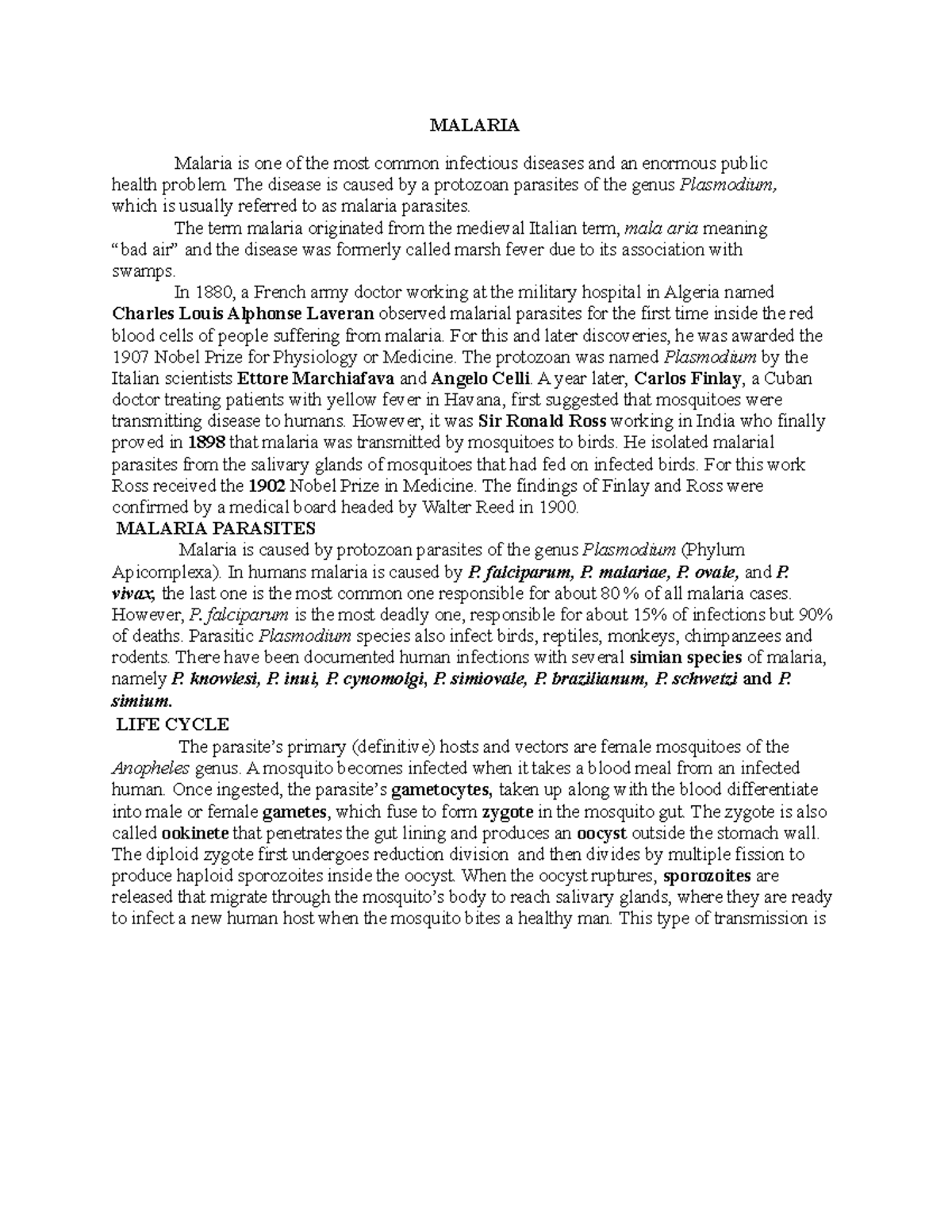 Malaria - Lecture notes 1-3 - MALARIA Malaria is one of the most common ...