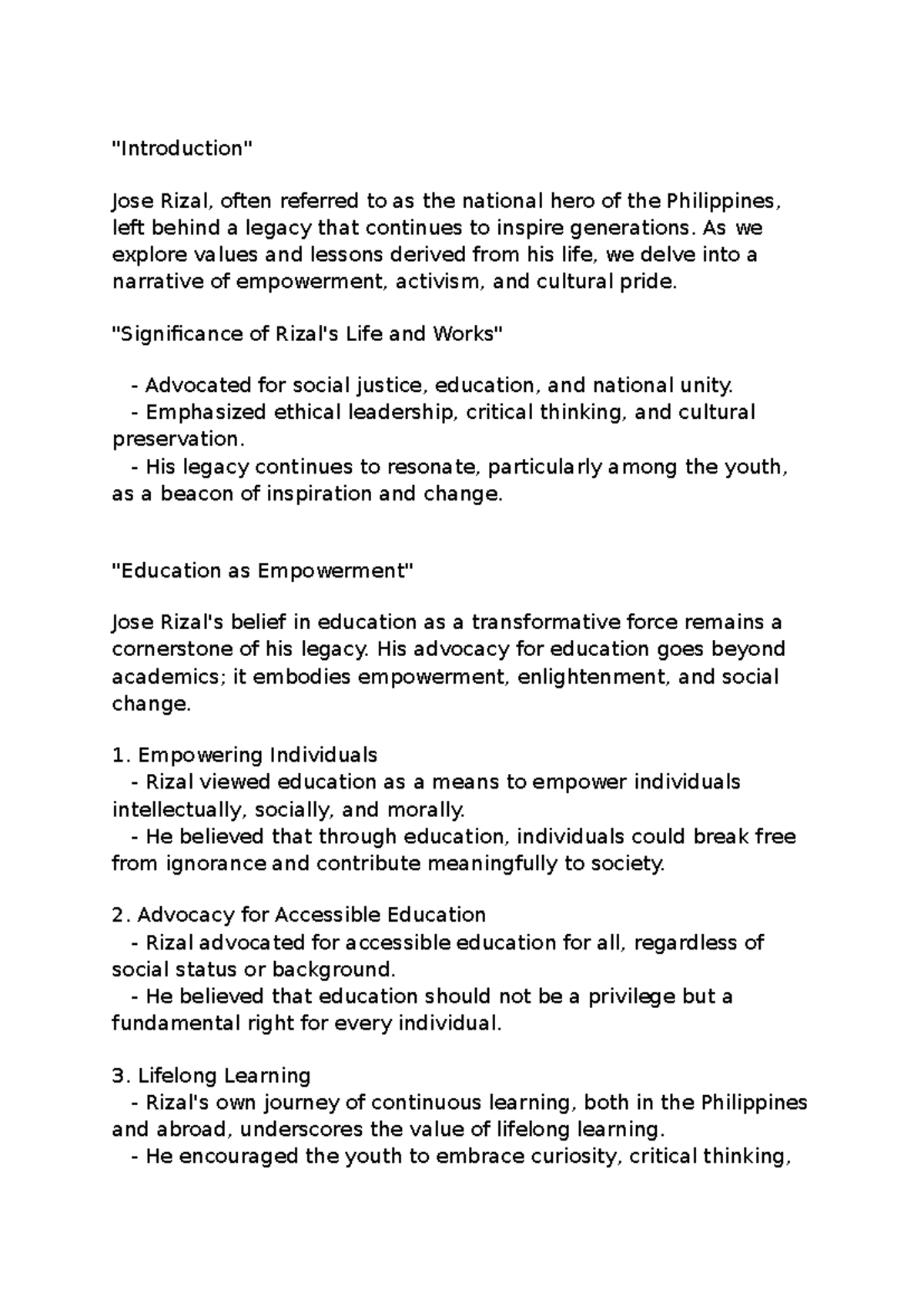 Rizal^J Values^J Youth - "Introduction" Jose Rizal, often referred to ...