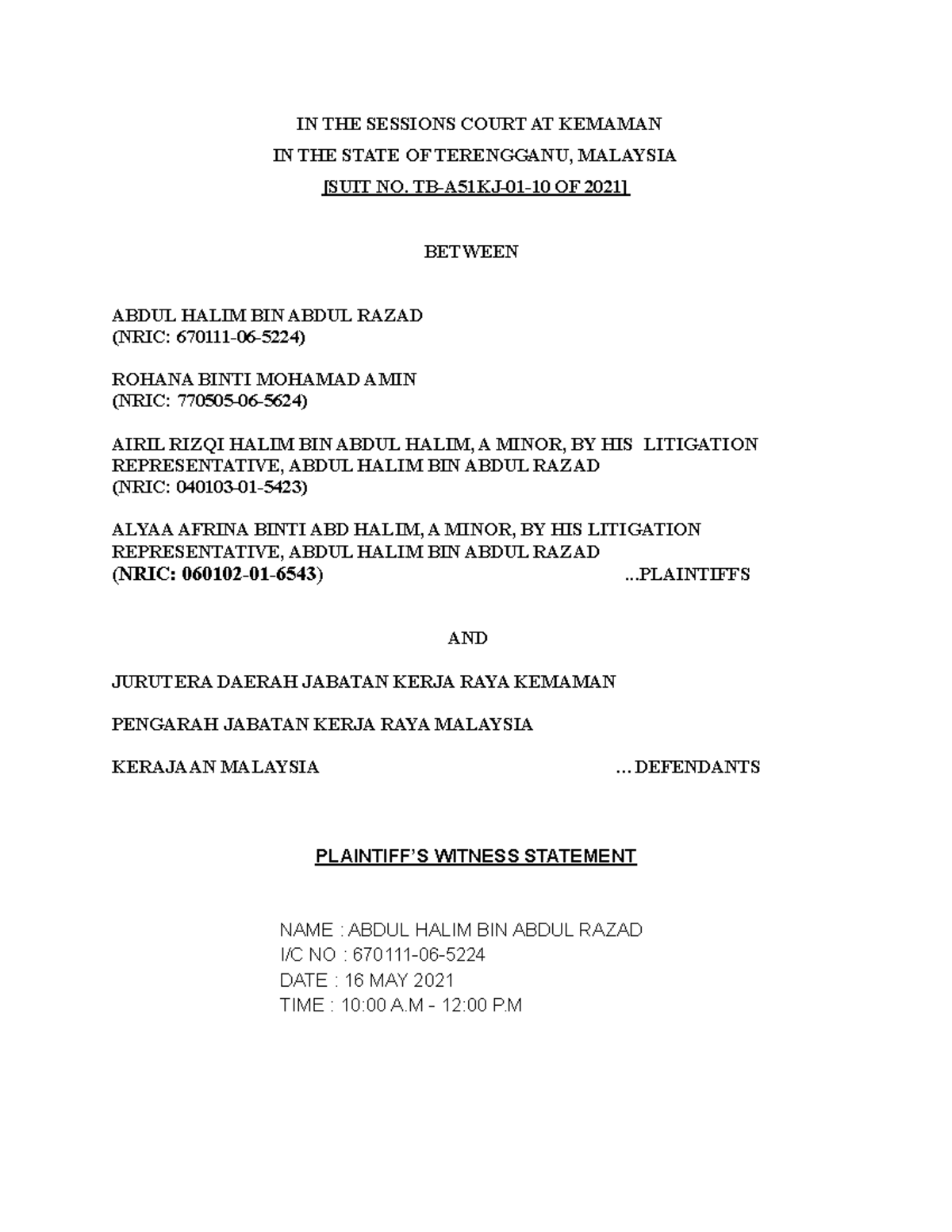 Witness Statement Sample - IN THE SESSIONS COURT AT KEMAMAN IN THE ...