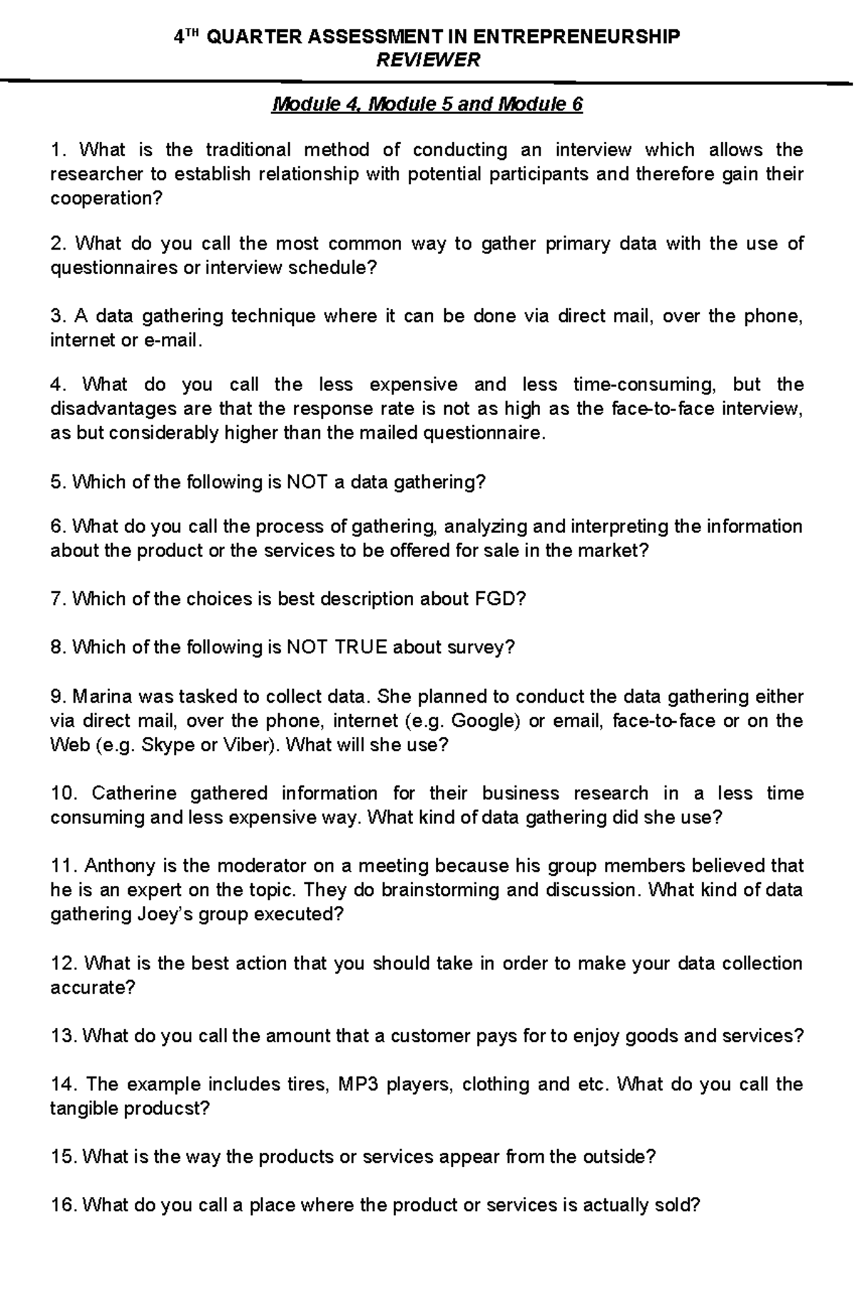 Entrep 4th Quarter Reviewer - 4 TH QUARTER ASSESSMENT IN ...