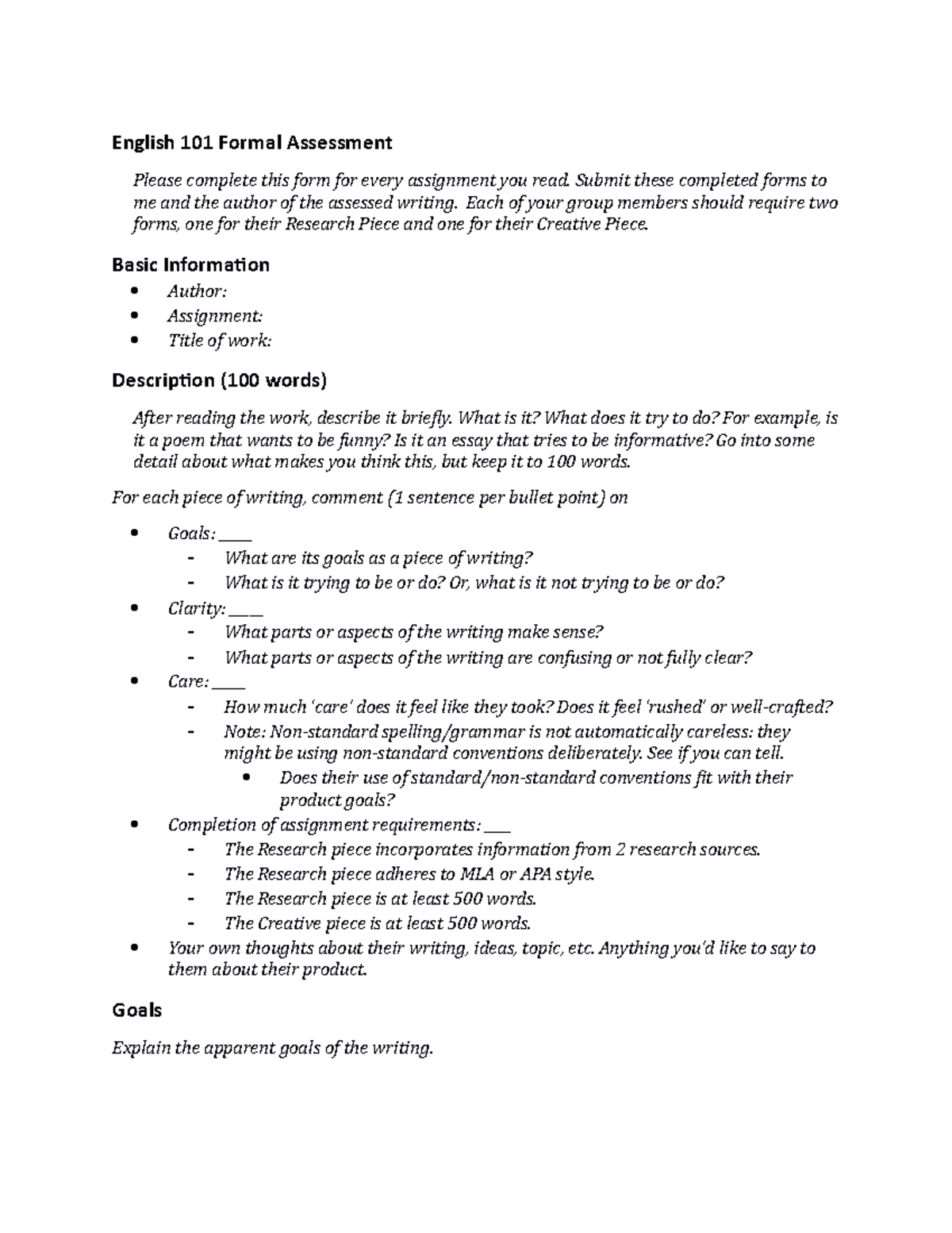 Formal assessment-v1 - Assignment on goals for the course - English 101 ...