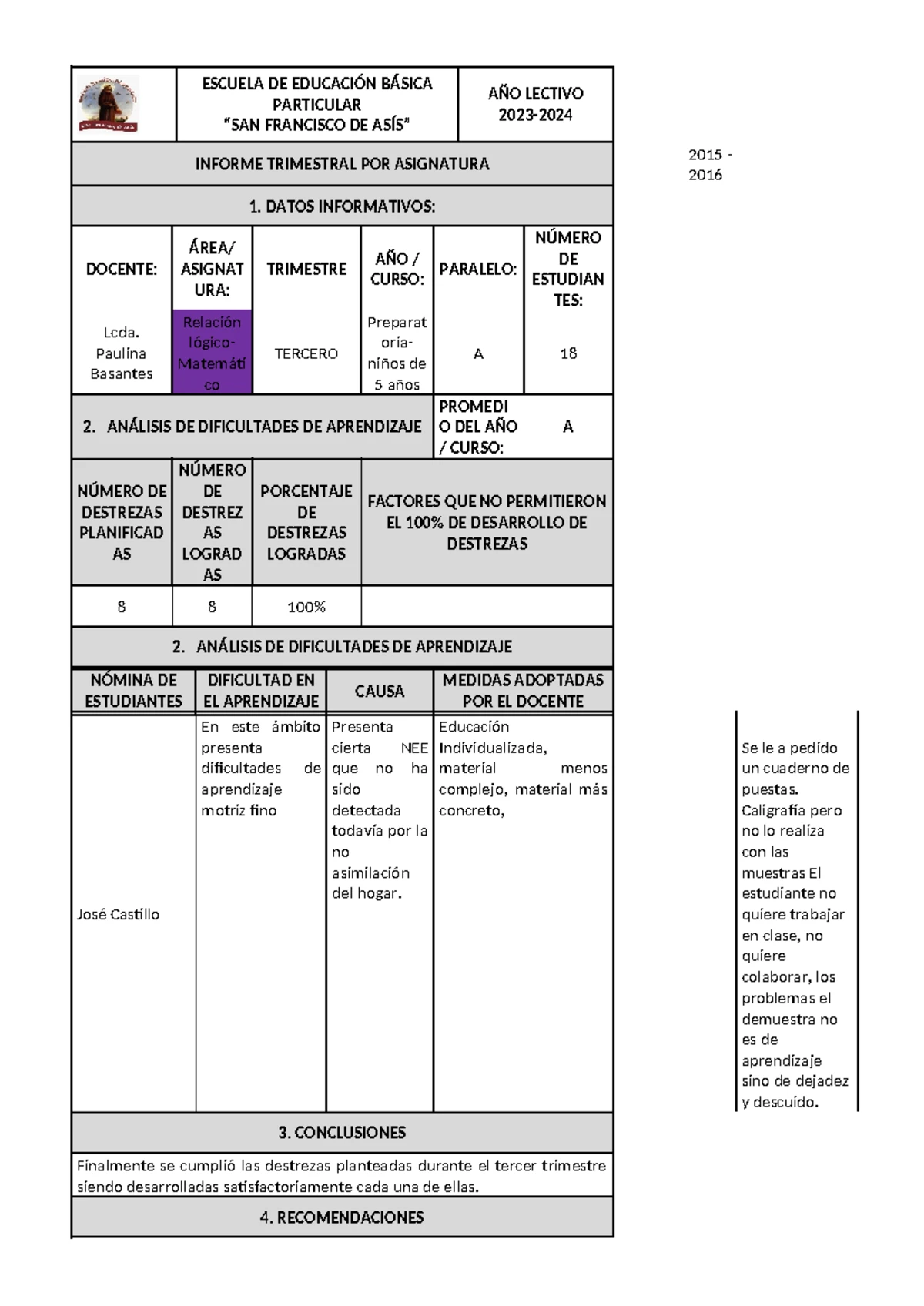 Informe DE Destrezas Desarrolladas Tercer Trimestre Primer Grado-1 ...