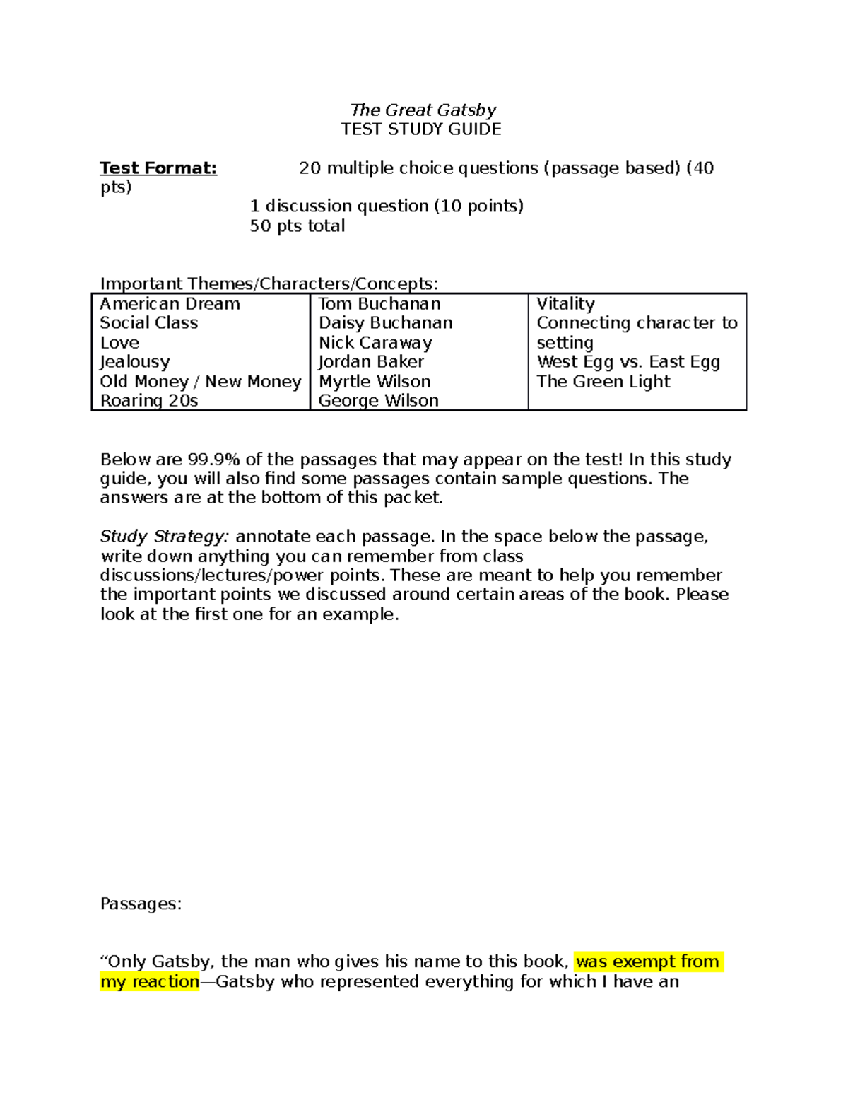 Gatsby Test 2020 Study Guide - The Great Gatsby TEST STUDY GUIDE Test ...