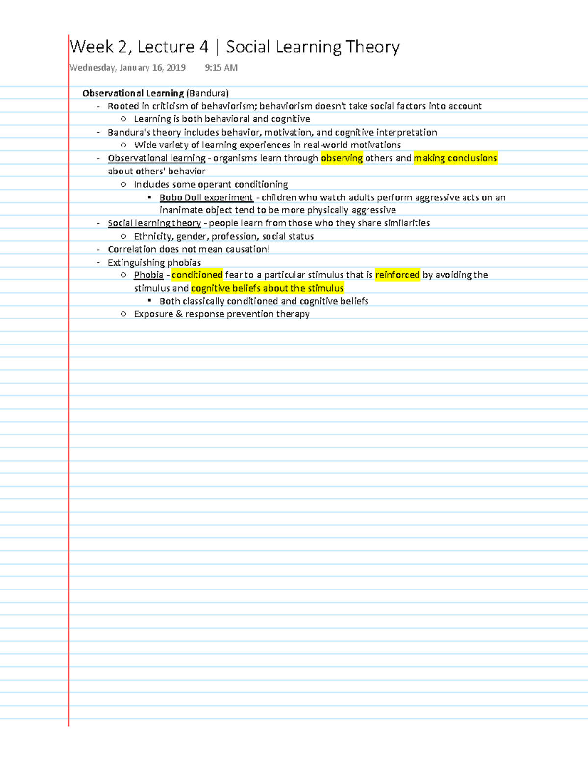 Social Learning Theory - KďƐĞƌǀĂƚŝŽŶĂů >ĞĂƌŶŝŶŐ ; ĂŶĚƵƌĂͿ - Studocu