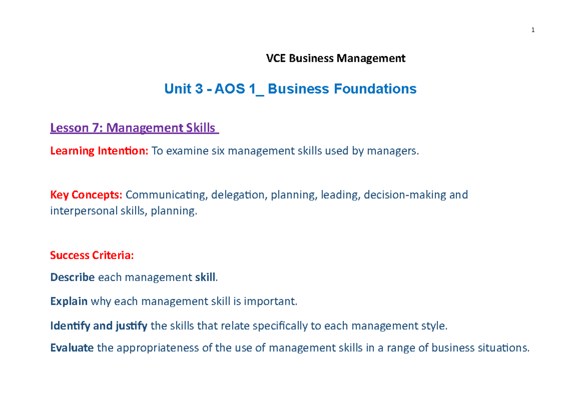 L7 M. Skills U3 - lesson 7 business - VCE Business Management Unit 3 ...