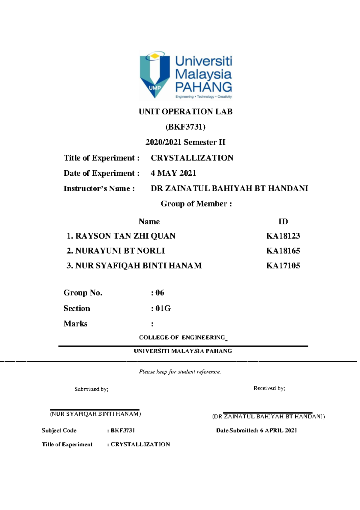 Experiment 6 Crystallization UNIT OPERATION LAB - UNIT OPERATION LAB ...
