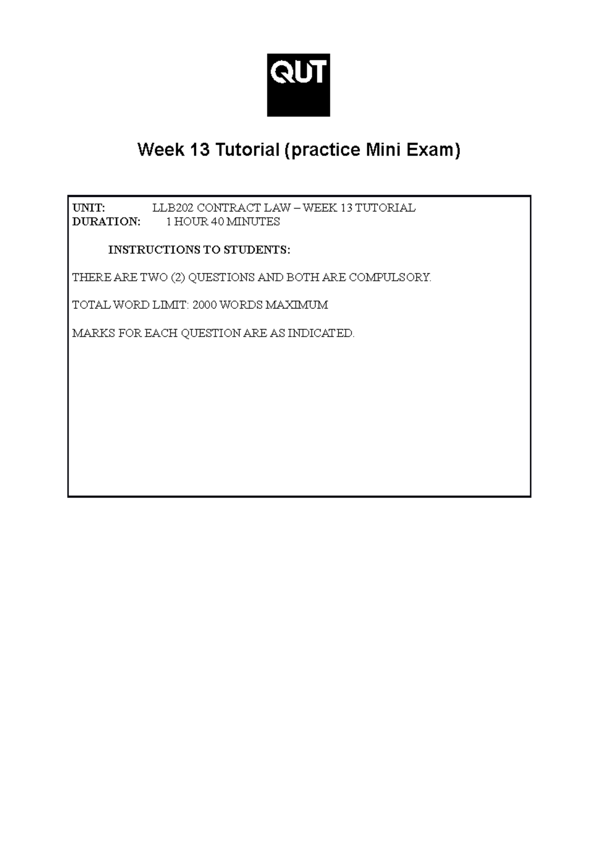 2022 LLB202 Week 13 Tutorial Question - Week 13 Tutorial (practice Mini Exam) UNIT: LLB202 ...