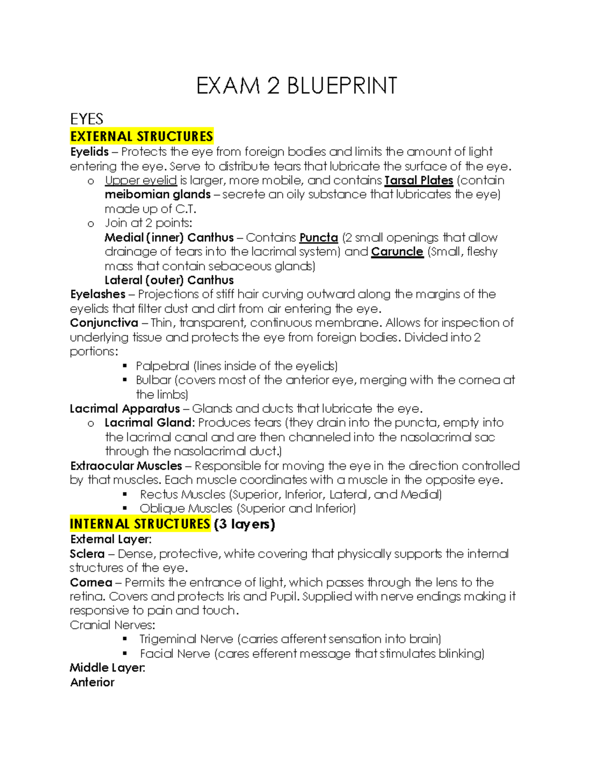 Exam 2 - HA - Exam review for Health Assessment - EXAM 2 BLUEPRINT EYES EXTERNAL STRUCTURES ...