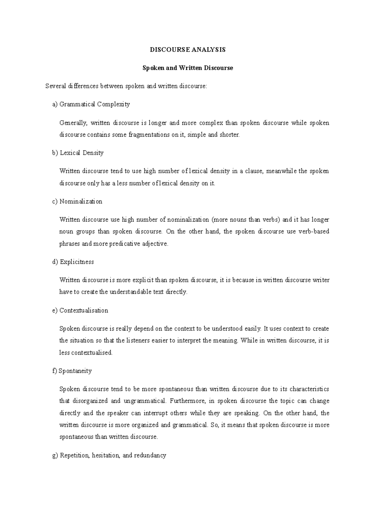 Spoken And Written Discourse DISCOURSE ANALYSIS Spoken And Written