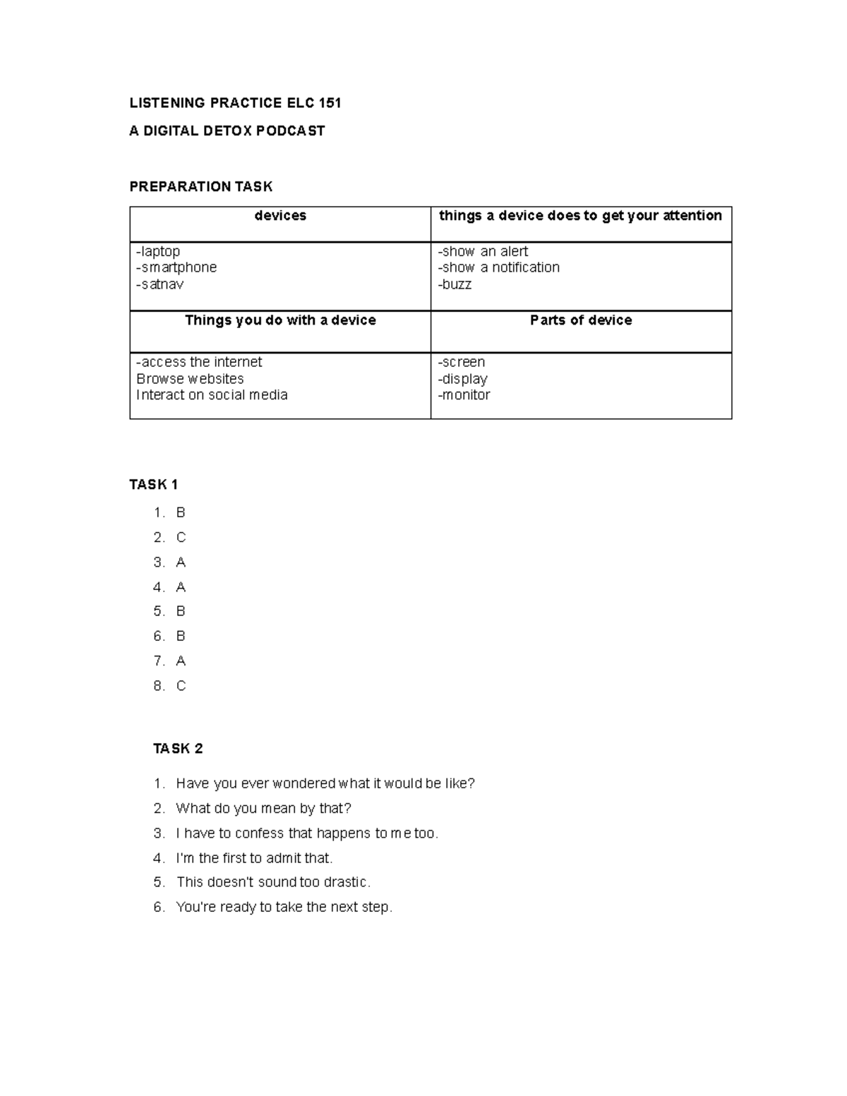 Listening elc pdf - practices - LISTENING PRACTICE ELC 151 A DIGITAL DETOX PODCAST PREPARATION ...