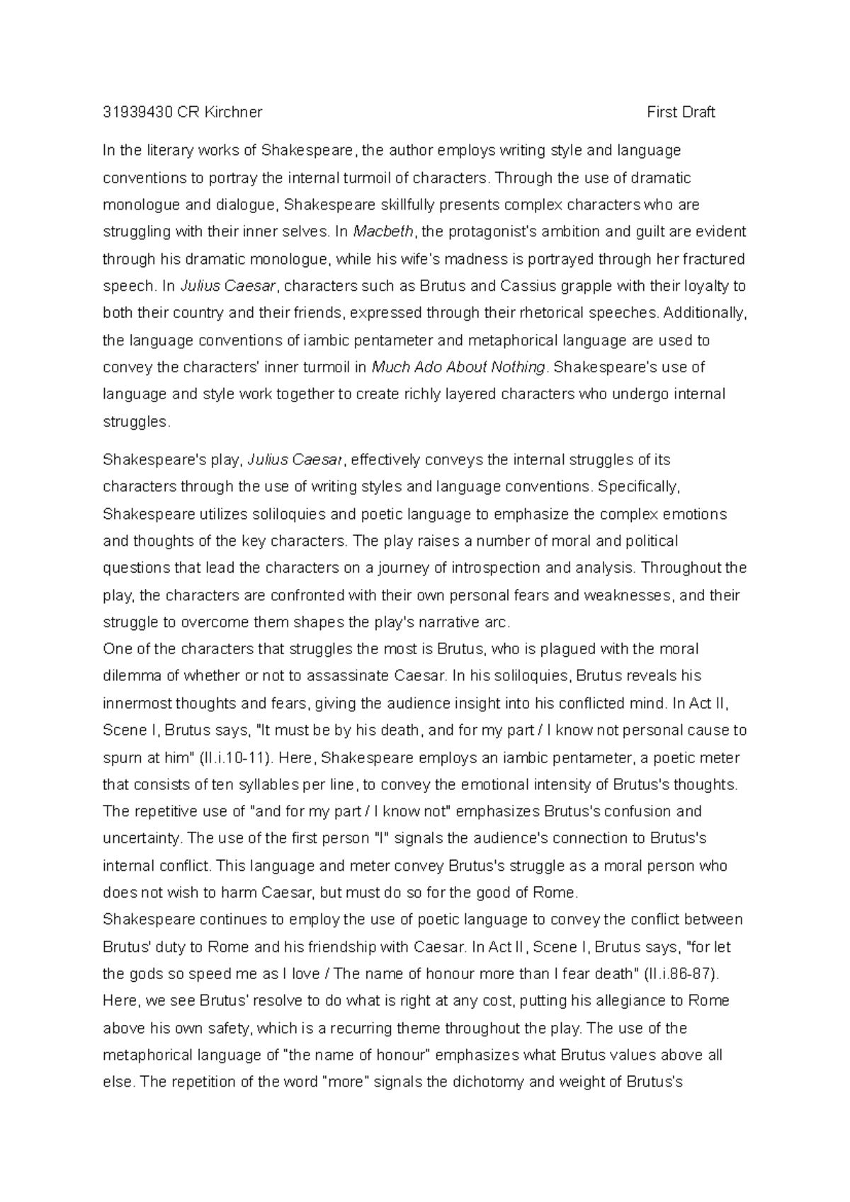 31939430 First Draft - Essay about Shakespeare plays - 31939430 CR ...