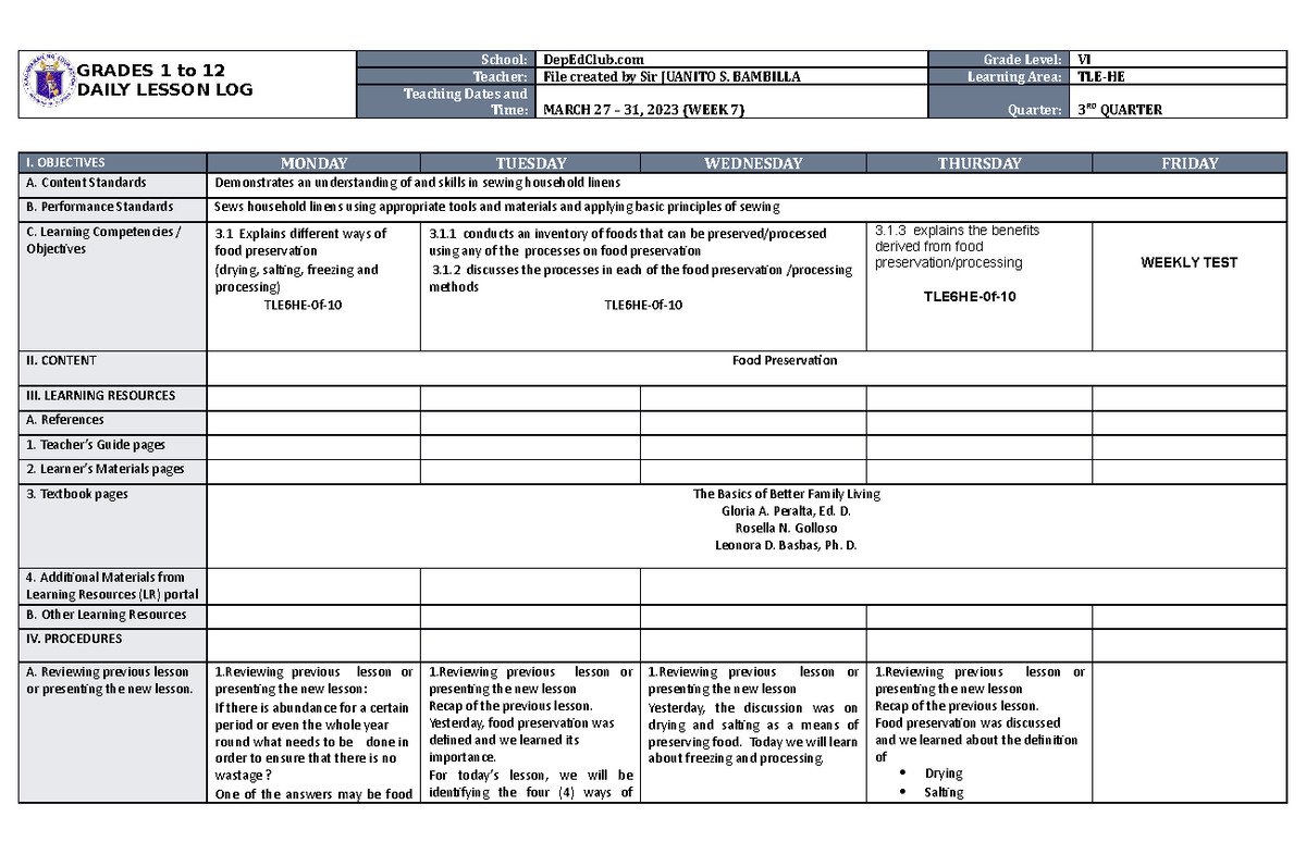 Lesson LOG-DLL TLE-HE 6 Q3 W7 - GRADES 1 to 12 DAILY LESSON LOG School: DepEdClub Grade Level ...