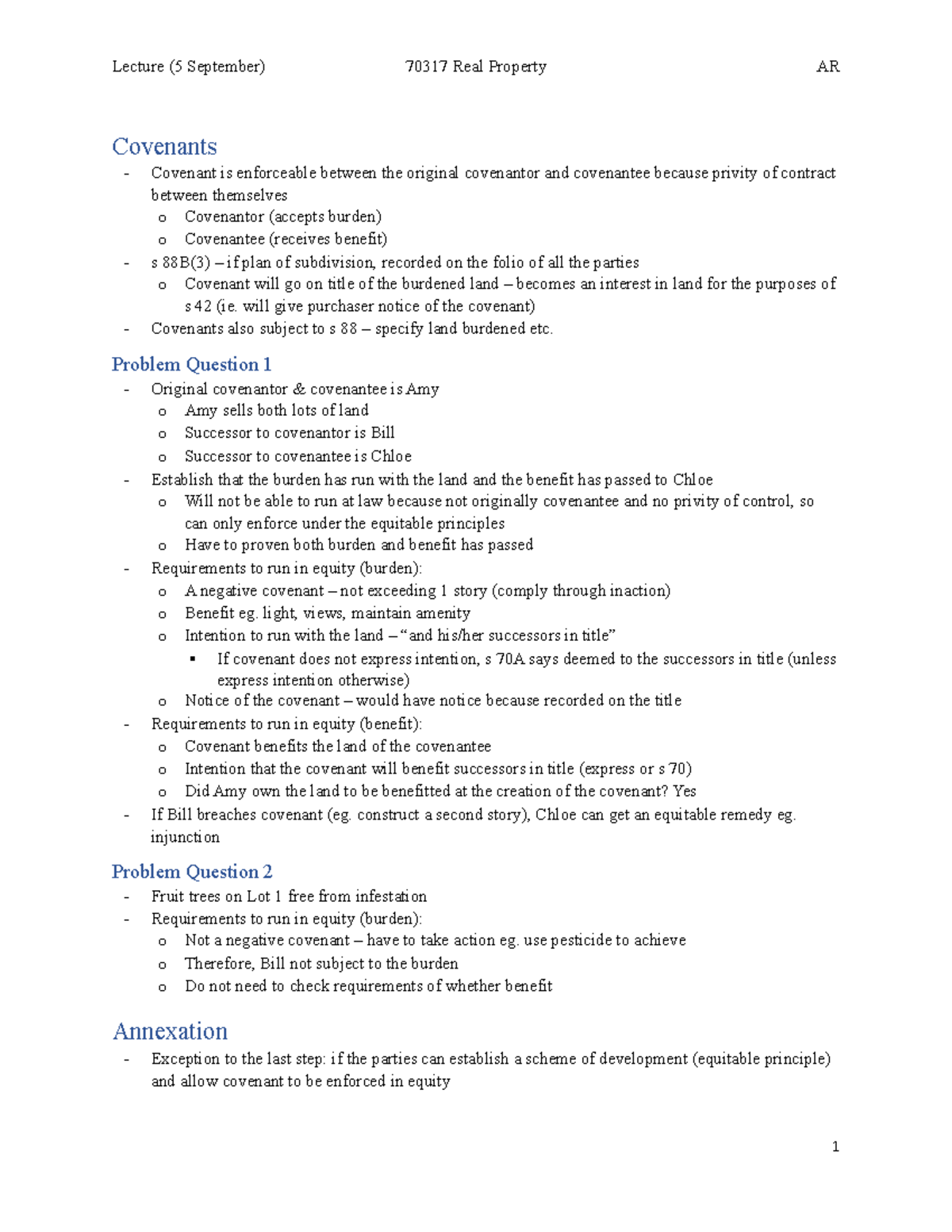 Notetaker lecture 12 - Covenants Covenant is enforceable between the ...
