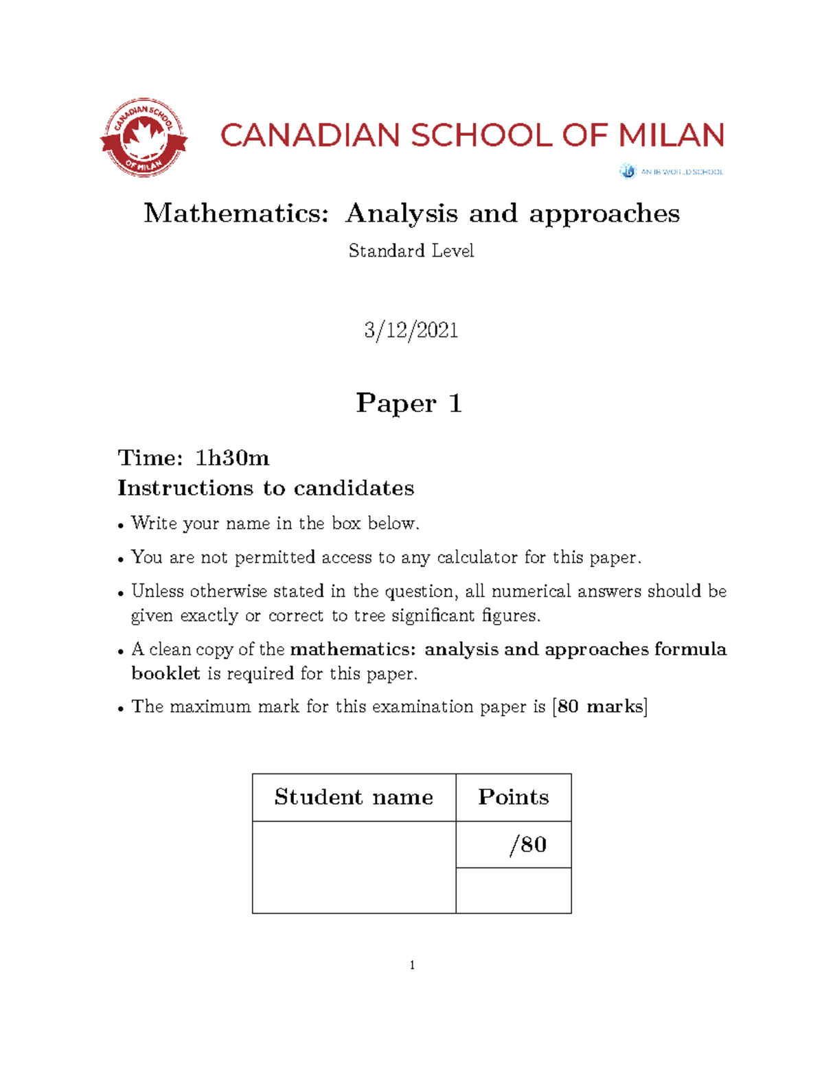 SL - Mock - Mathematics: Analysis and approaches Standard Level 3/12 ...