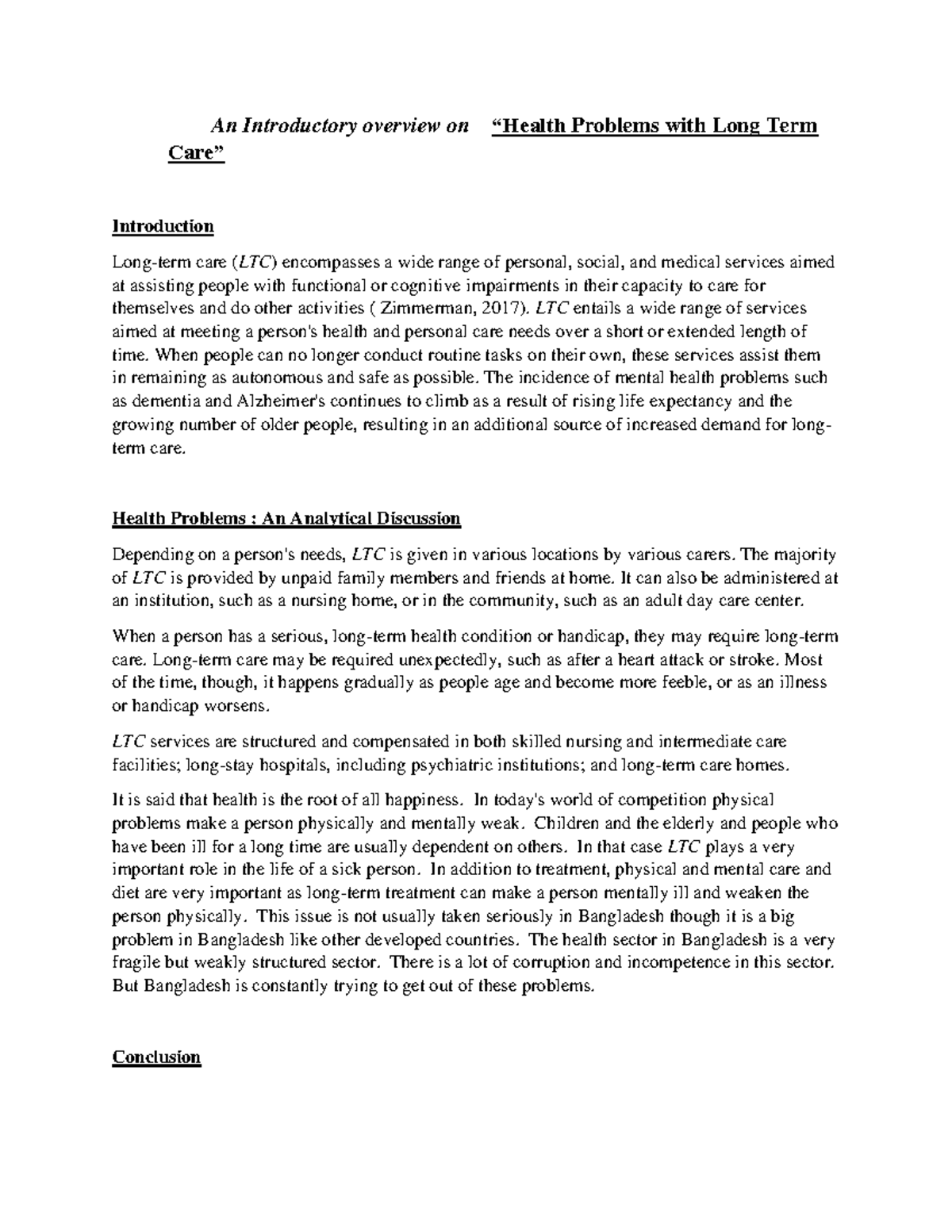 Sample copy of Health Problems with Long Term Care - An Introductory ...