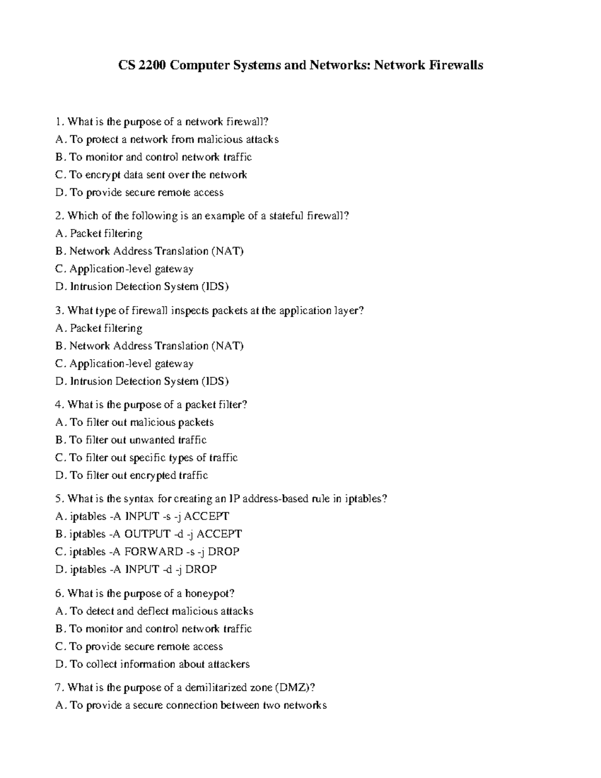 CS 2200 Computer Systems and Networks - Network Firewalls - To protect a network from malicious ...